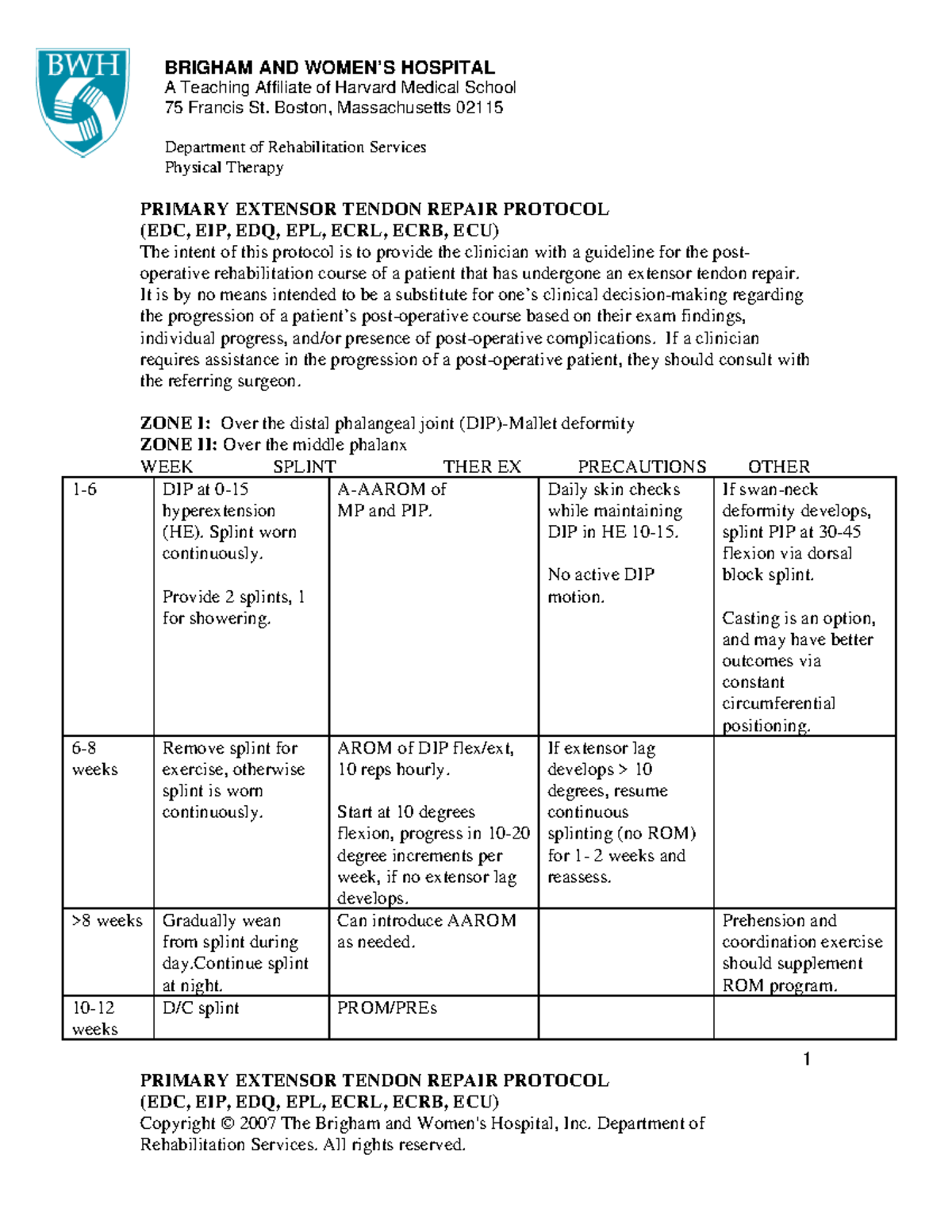 Hand extensor tendon repair protocol pt all bwh - BRIGHAM AND WOMEN’S ...