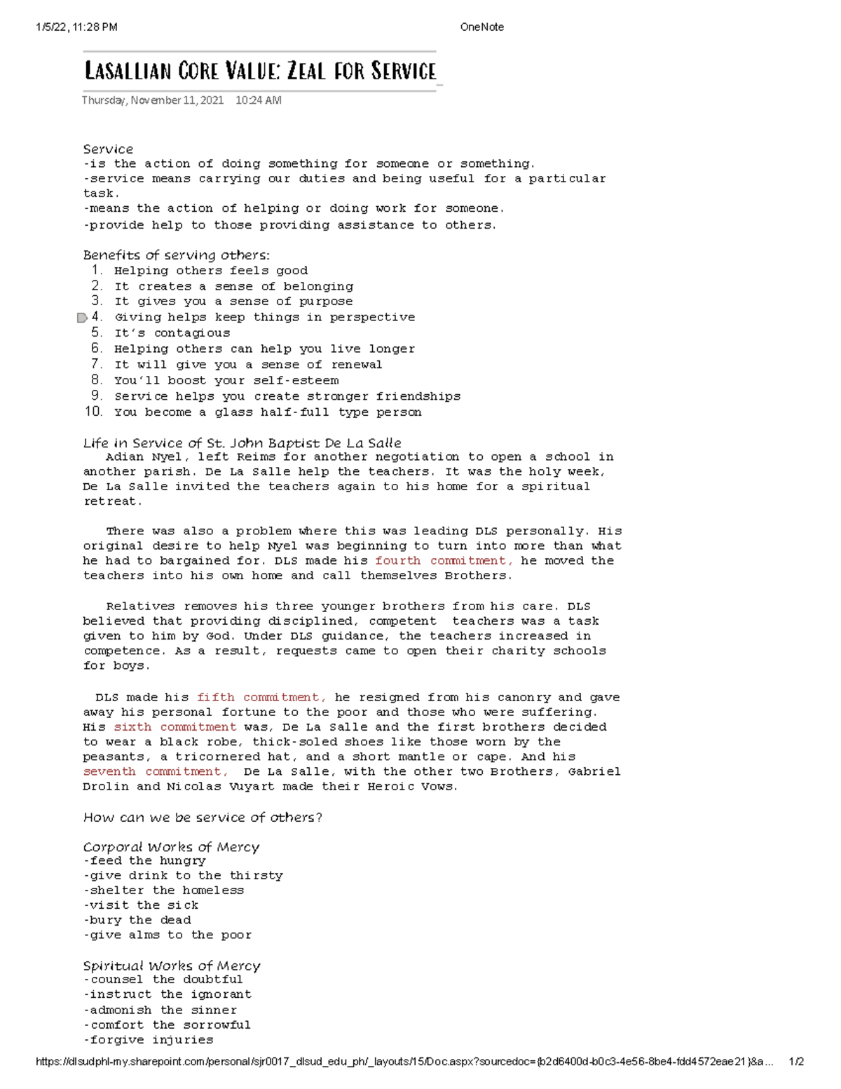 Lasallian Core Value Zeal for Service - 1/5/22, 11:28 PM OneNote - Studocu