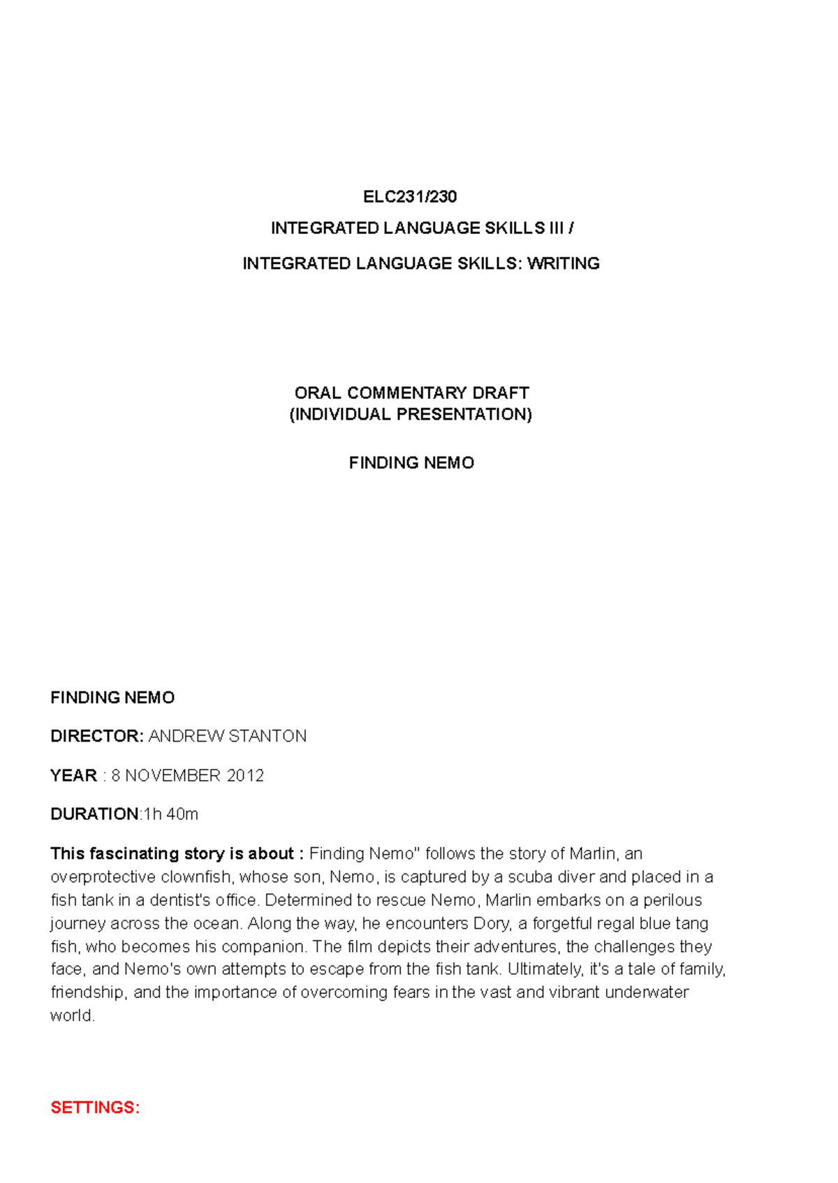 ORAL Commentary Draft - ELC231/ INTEGRATED LANGUAGE SKILLS III ...