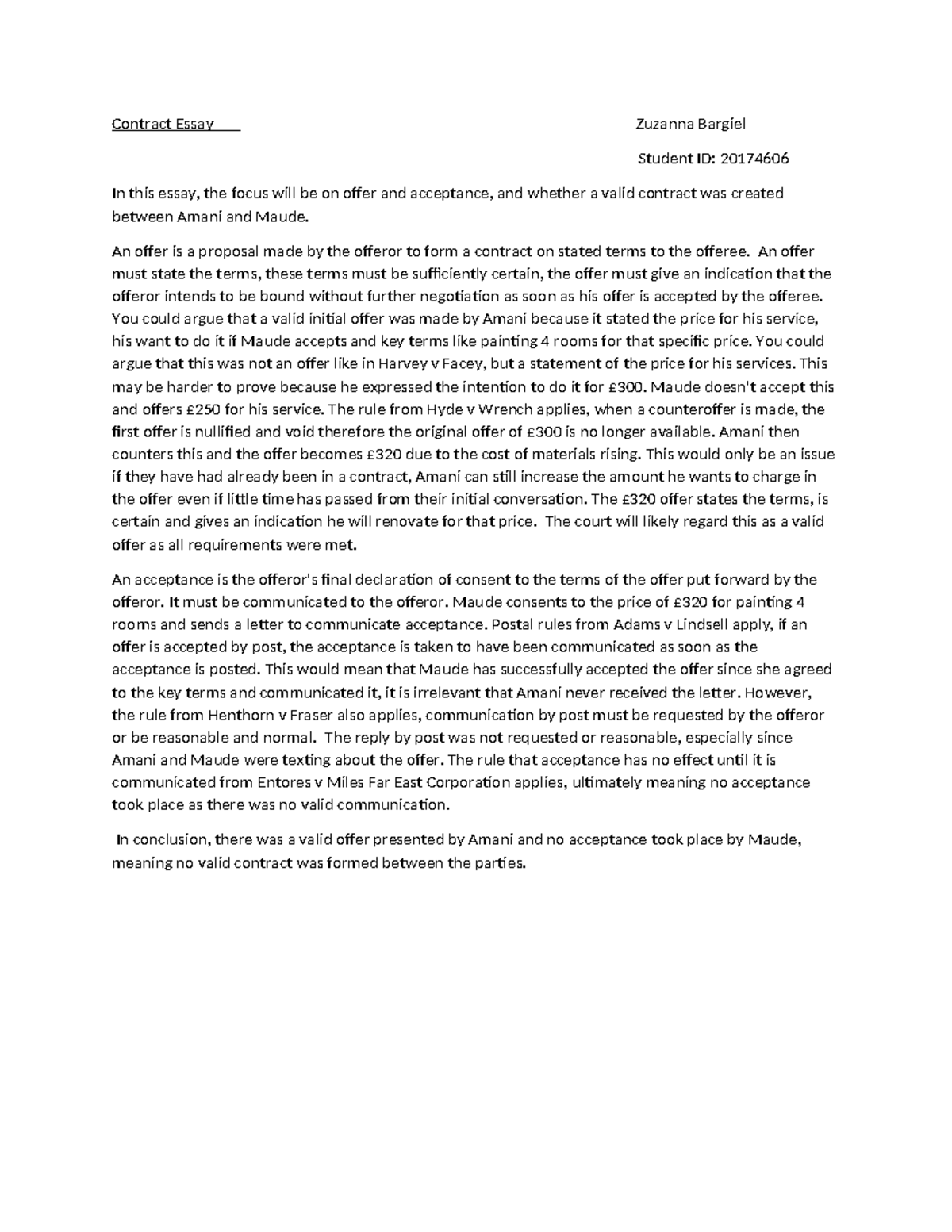 Contract Essay - An offer is a proposal made by the offeror to form a ...
