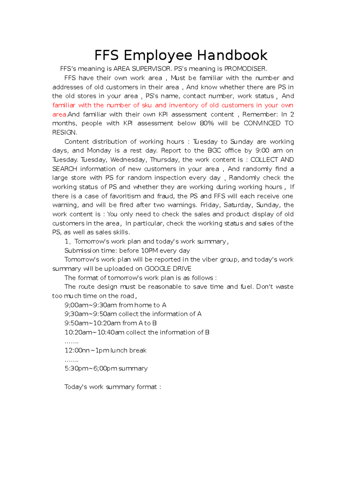 FFS HAND BOOK - FFS HAND BOOK - FFS Employee Handbook FFS’s meaning is AREA SUPERVISOR. PS’s ...