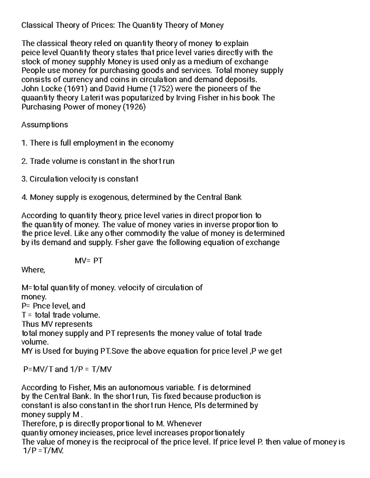 Classical theory of prices and quantity theory of money - Classical ...