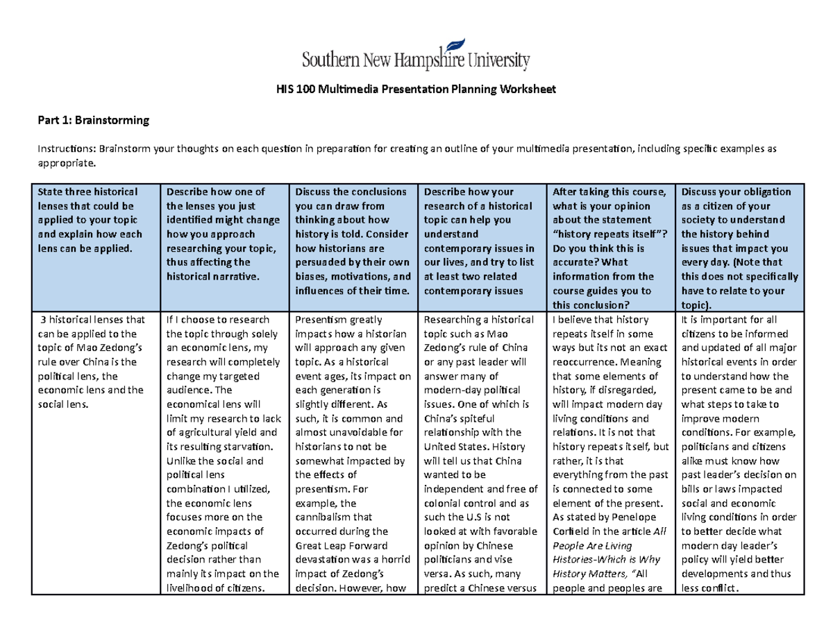 HIS 100 Multimedia Presentation Planning Worksheet-Complete - HIS 100 ...
