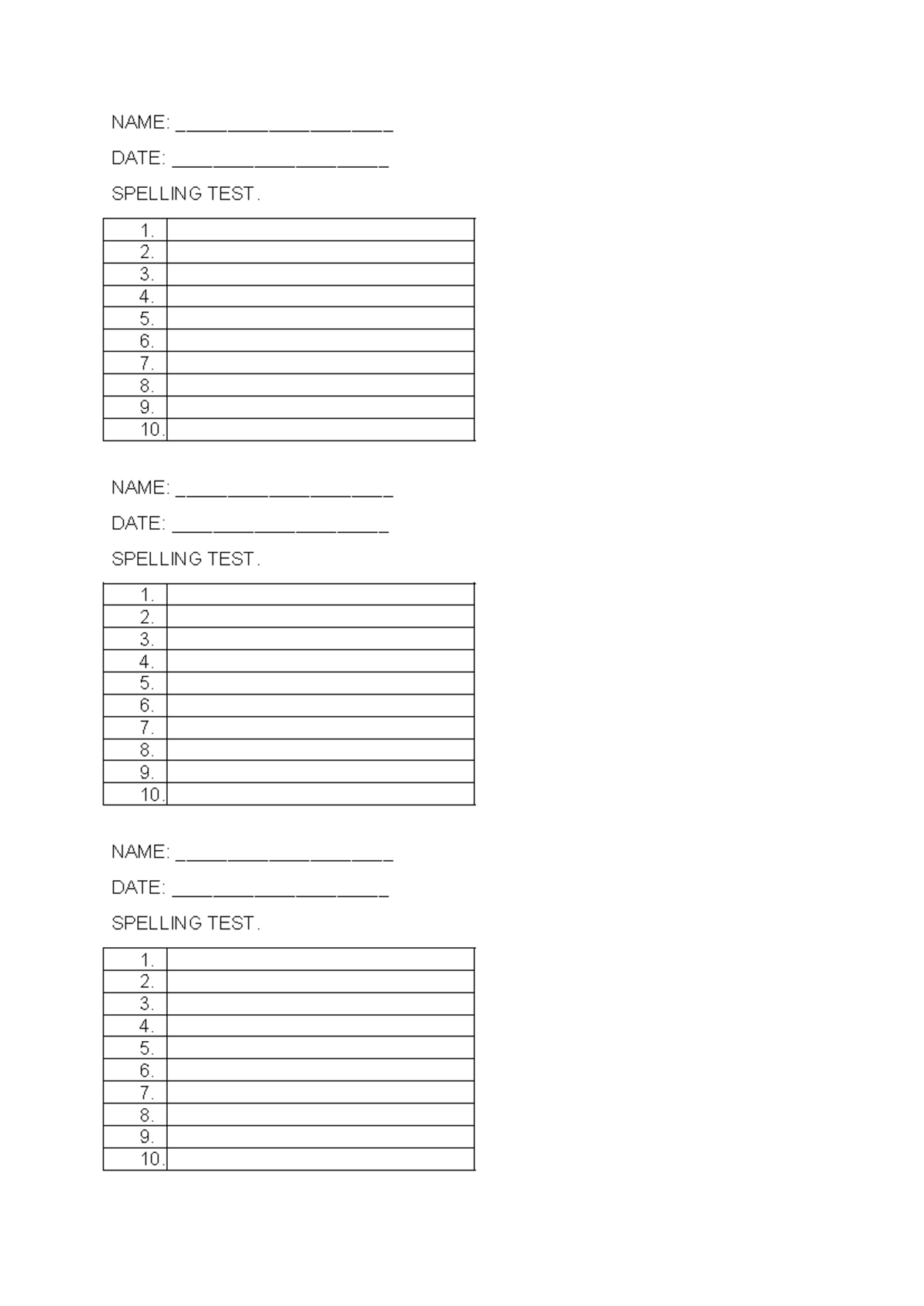 Spelling TEST Template - NAME: _____________________ DATE ...