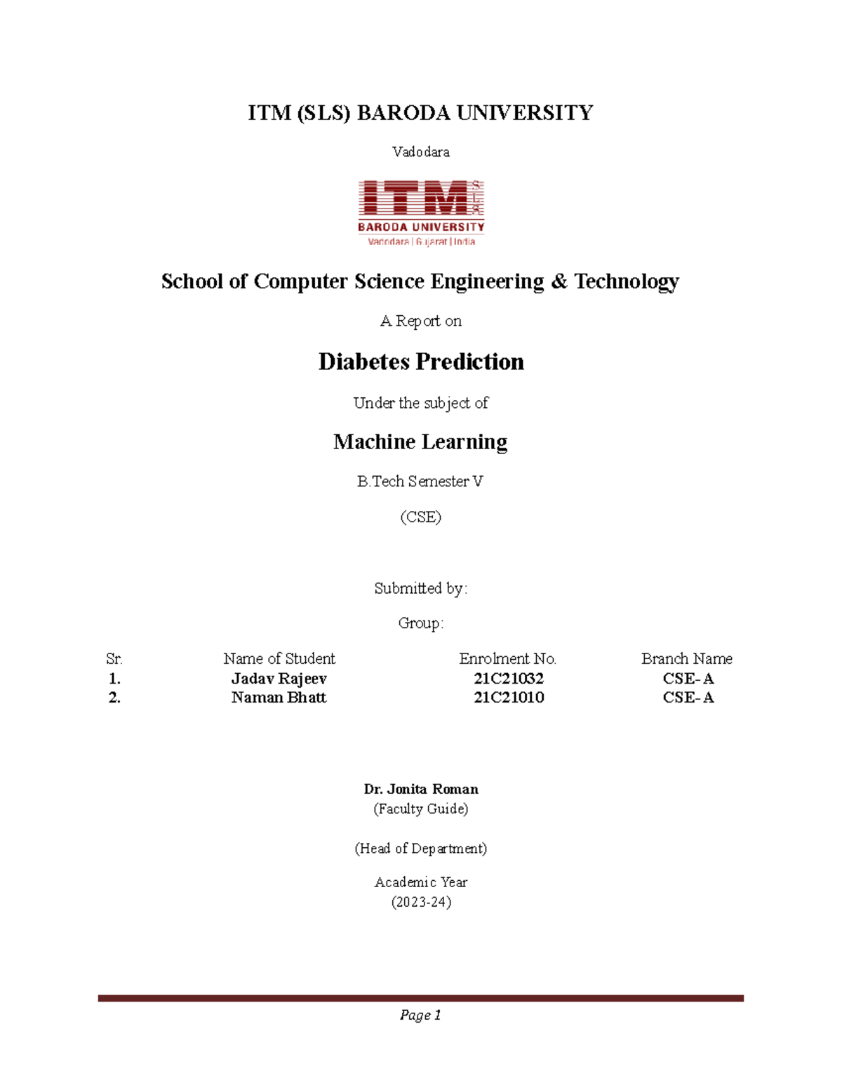 Diabetes Prediction Report - ITM (SLS) BARODA UNIVERSITY ...