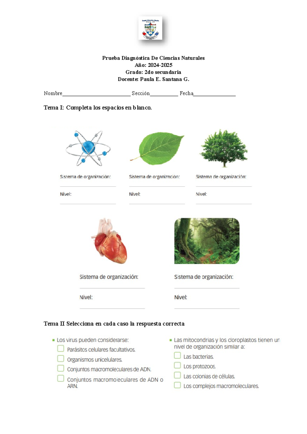 Prueba Diagnóstica De Ciencias Naturales 2do secundaria - Prueba ...