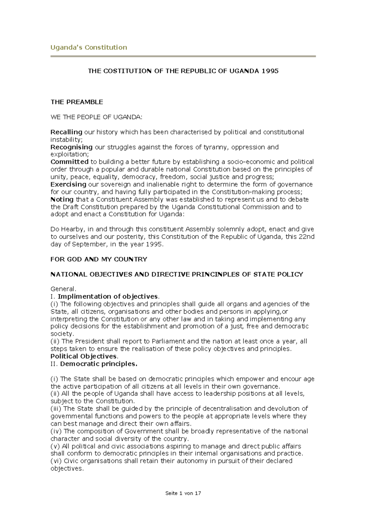 Republic OF Uganda Constitution 1995 - Uganda's Constitution THE ...