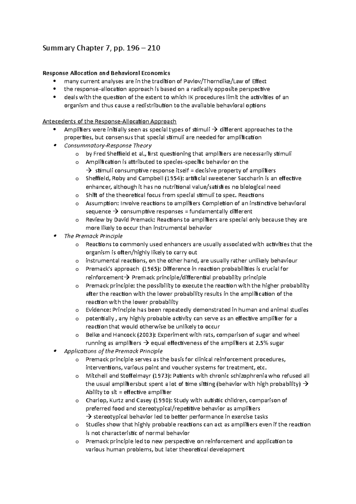 Summary Chapter 7 - Response allocation and behavioral economics ...