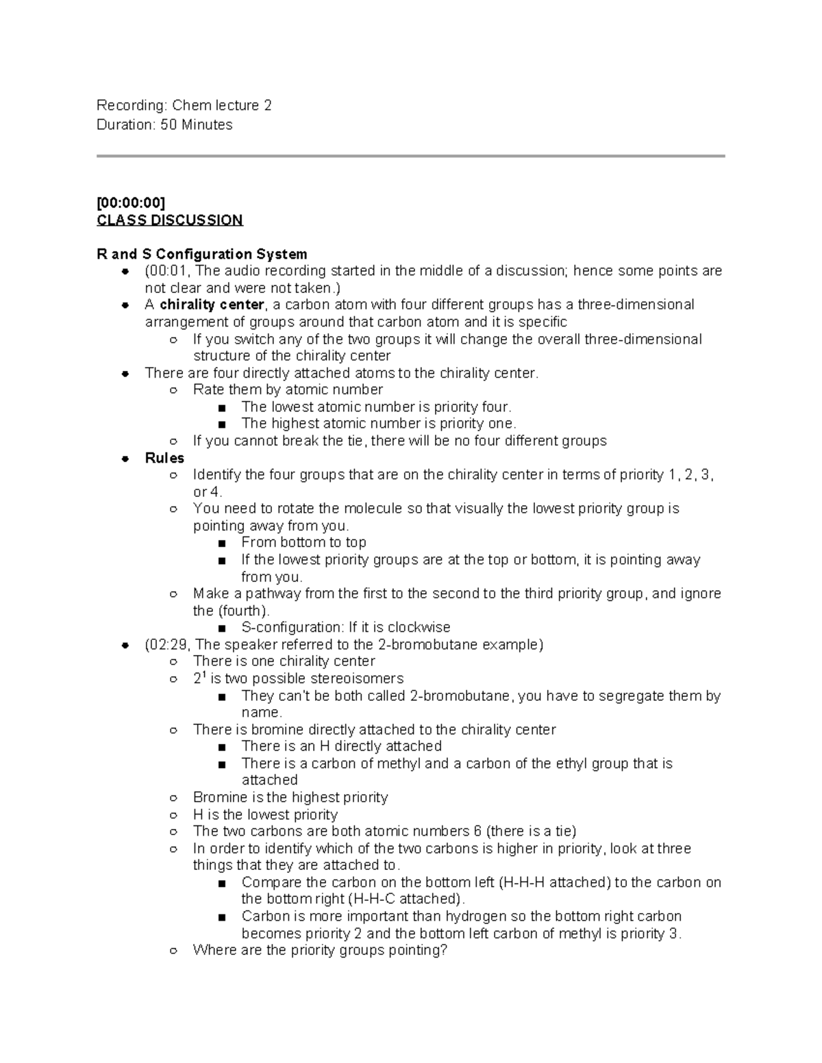 Chem Lecture 2 Summary Notes Recording Chem Lecture 2 Duration 50 Minutes [00 00 00] Class