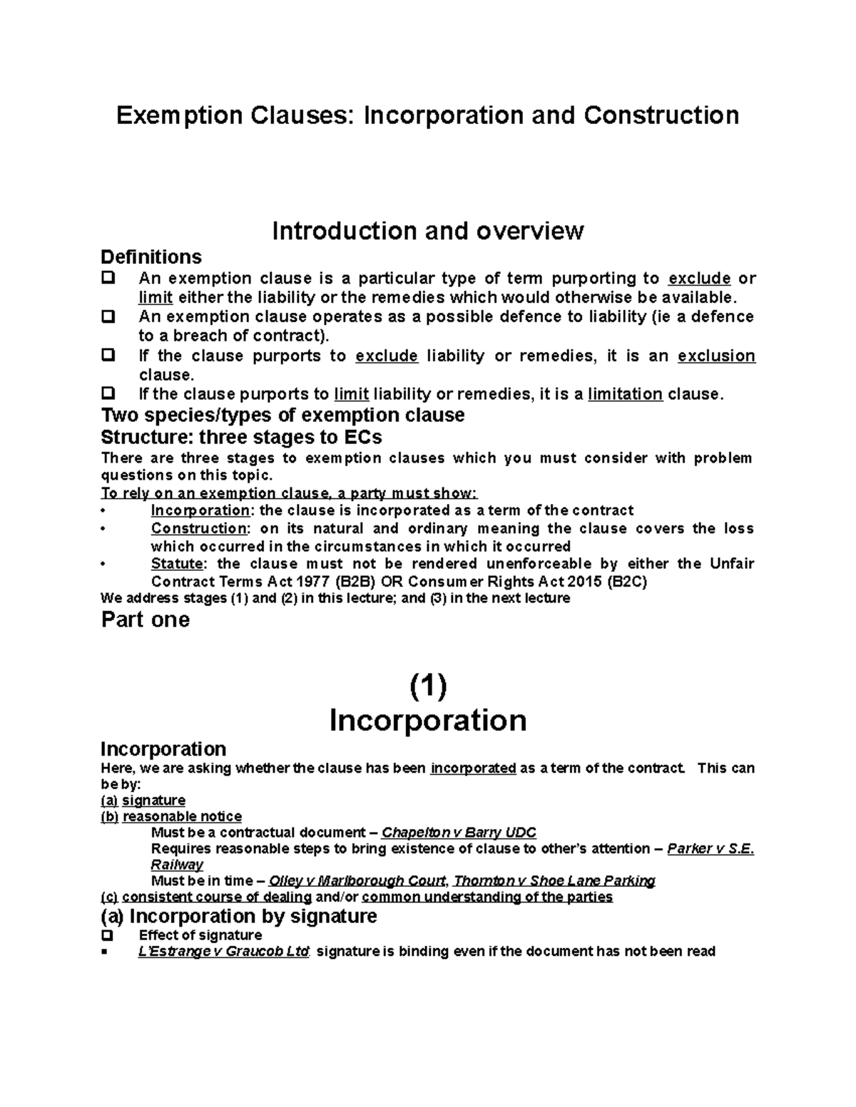 Incorporation and Construction - Exemption Clauses: Incorporation and ...