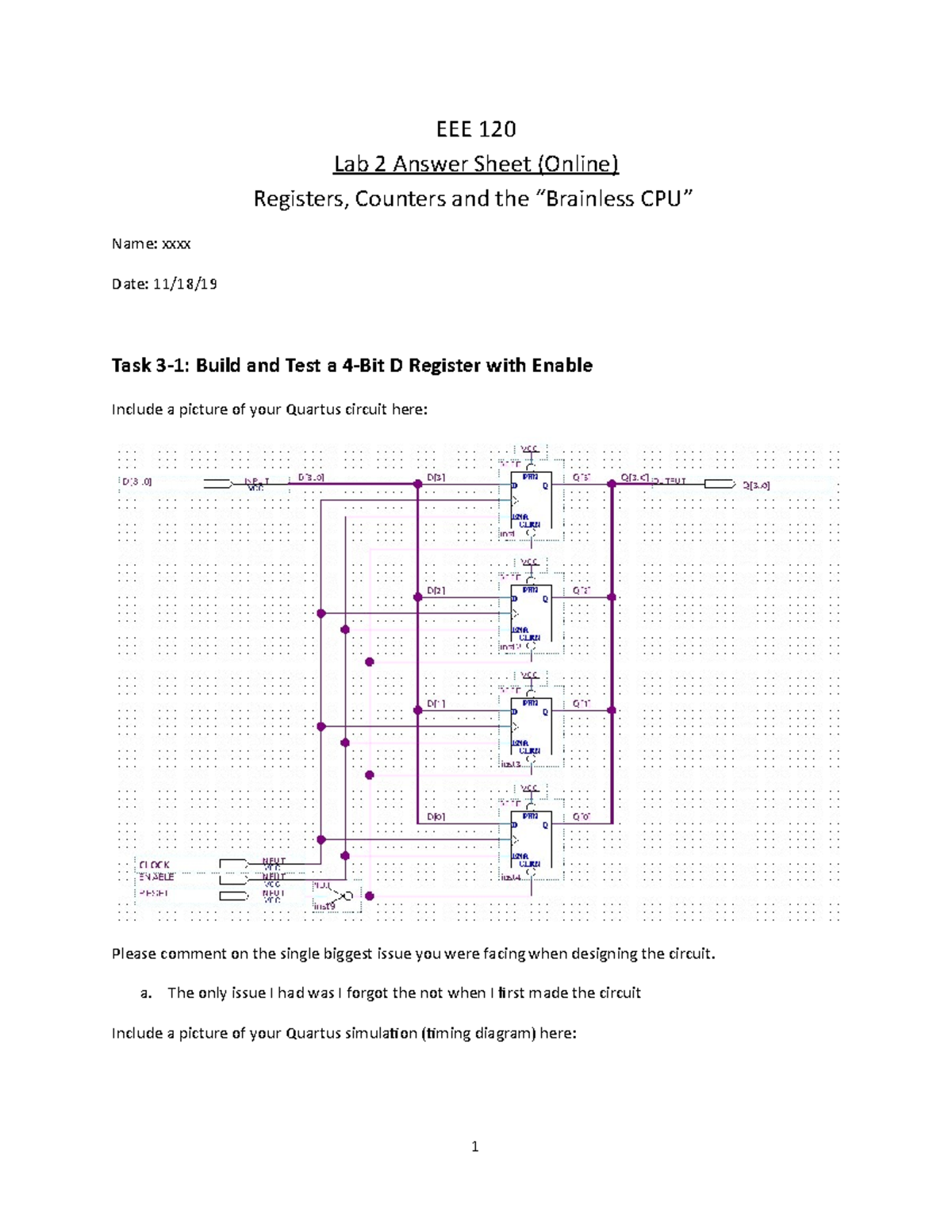 Lab3Template Altera online - EEE 120 Lab 2 Answer Sheet (Online) Registers, Counters and the ...
