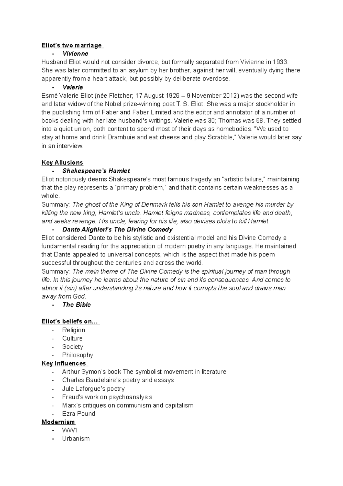 Module B Critical Study of Literature - Context - Eliot’s two marriage ...