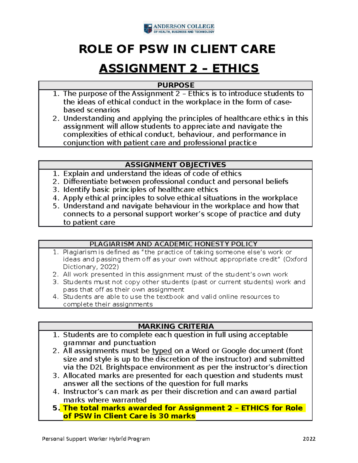 1Role of PSW in Client Care - Assignment 2 - Ethics - ROLE OF PSW IN ...