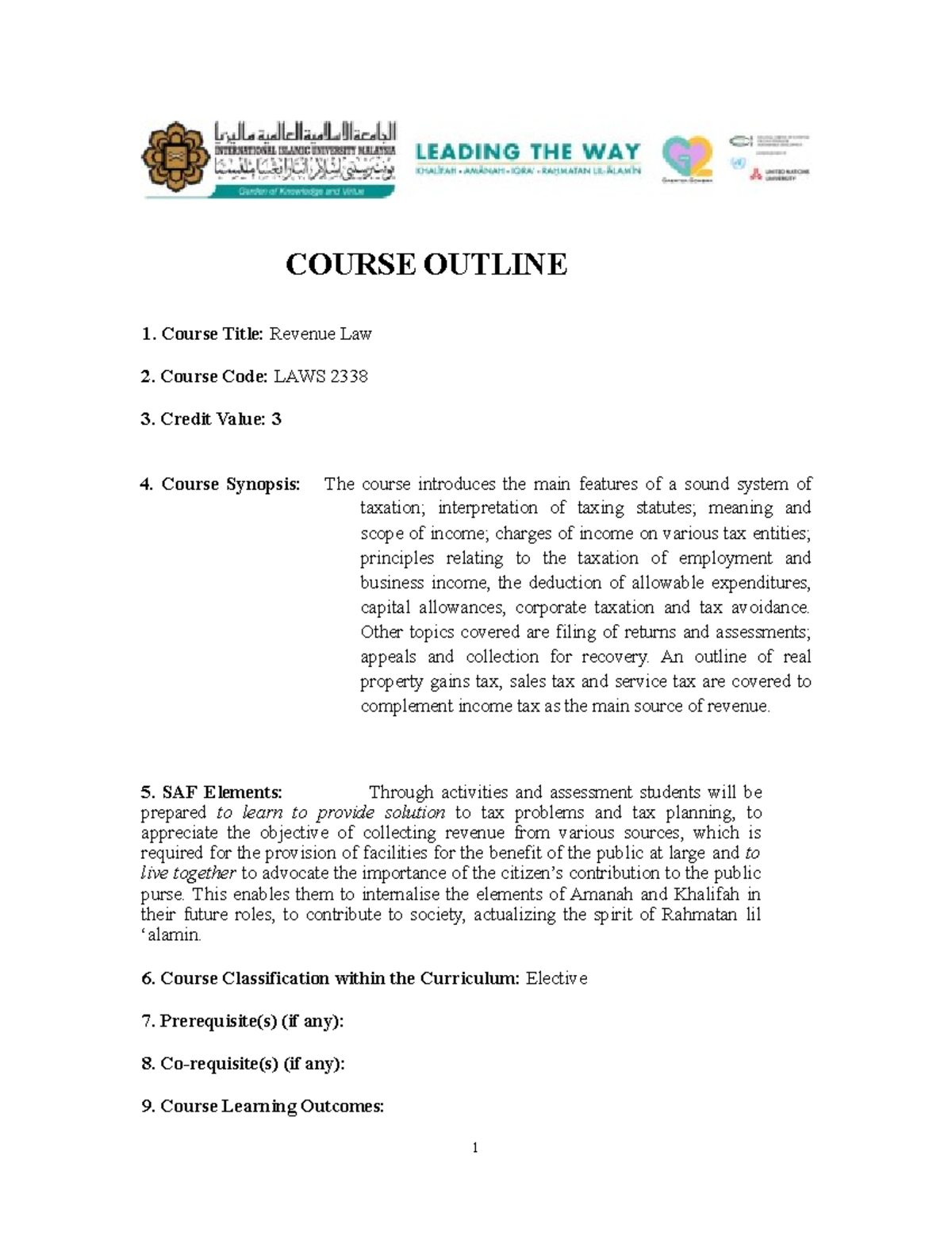 Course outline - COURSE OUTLINE 1. Course Title: Revenue Law 2. Course ...