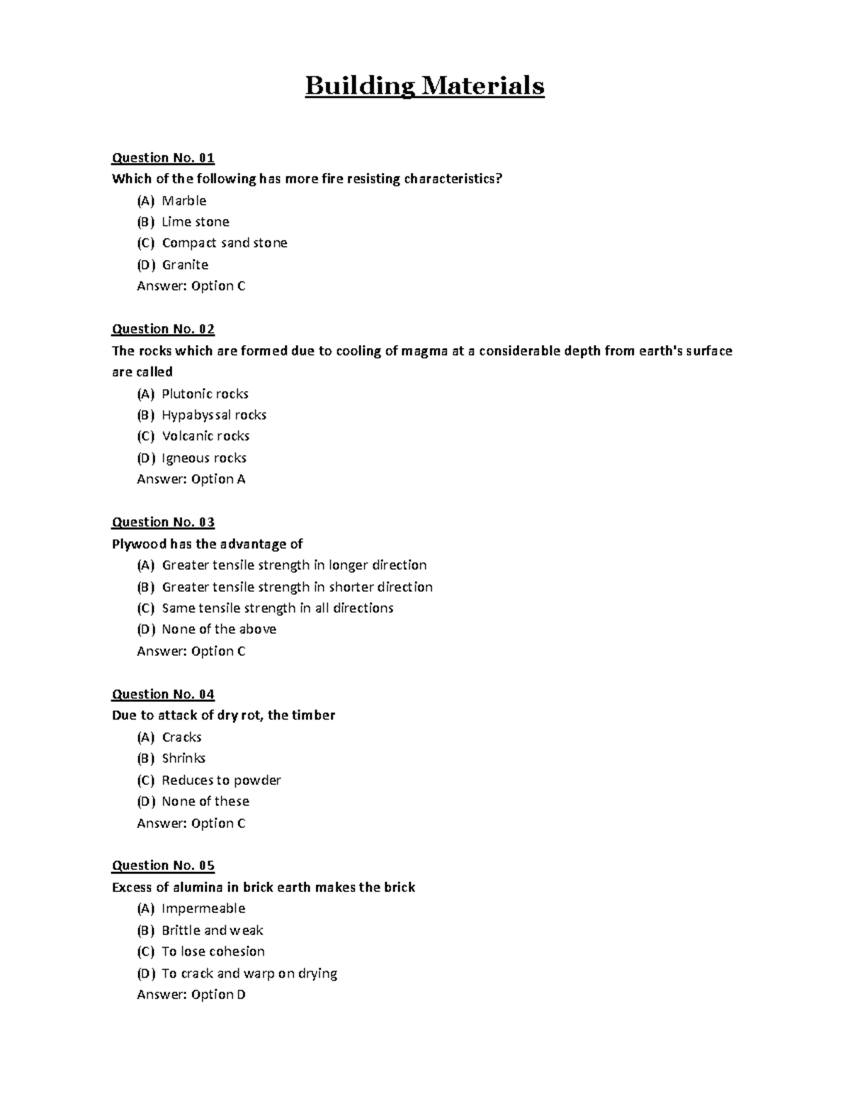 Bilding-Materiasl - i need it - Building Materials Question No. 01 ...