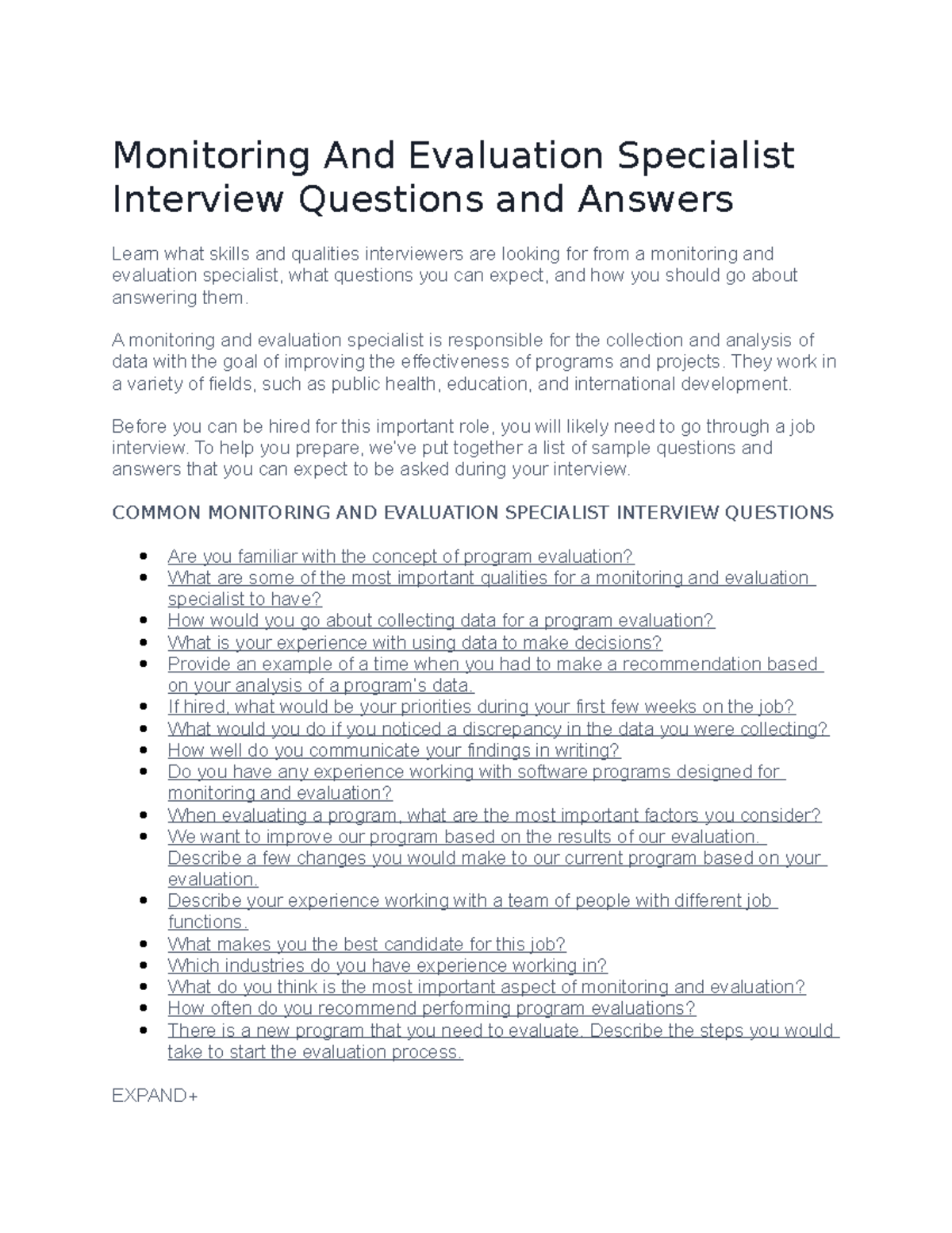 Monitoring And Evaluation Specialist Interview Questions and Answers ...