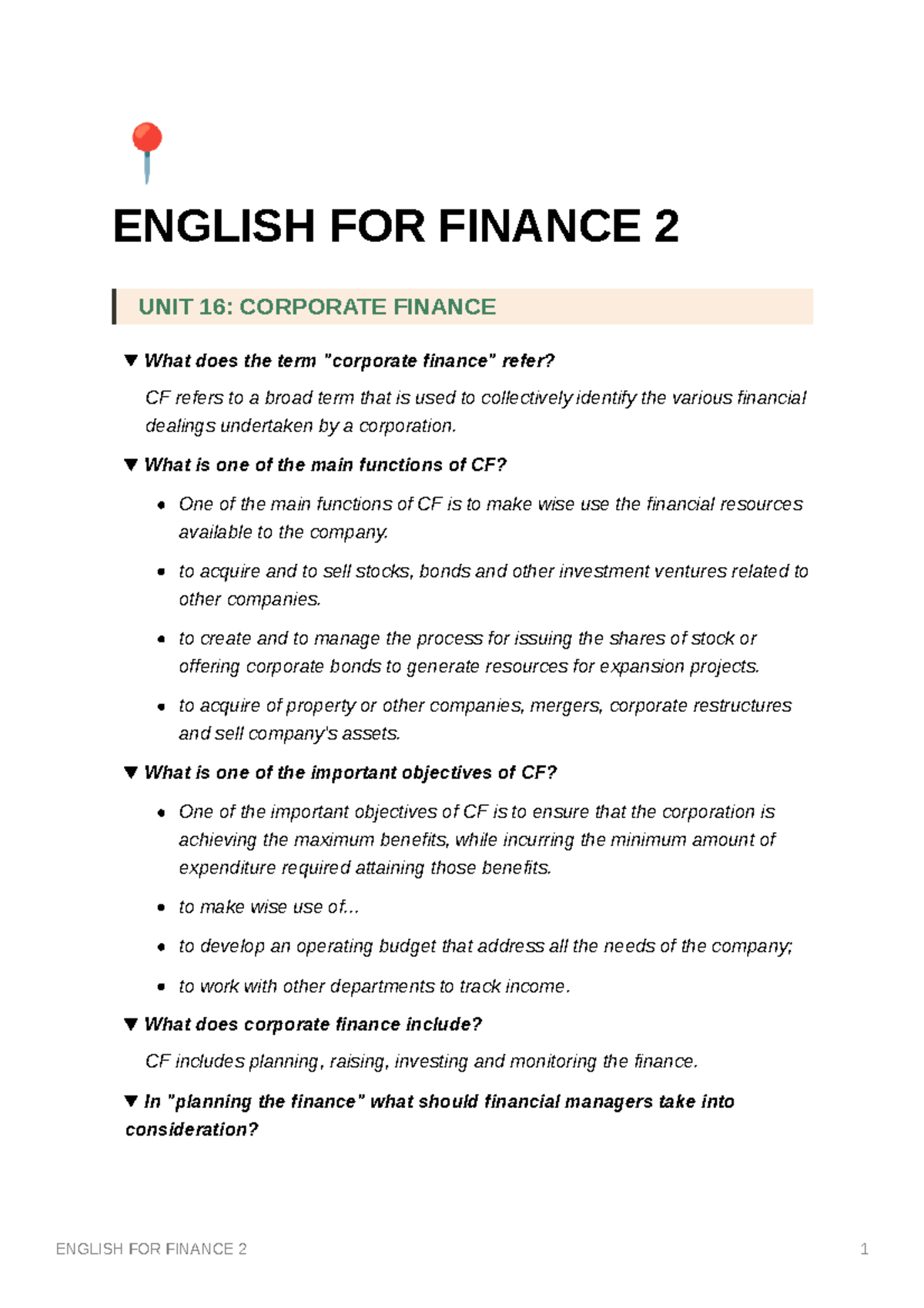 English FOR Finance 2 - tacn2 - 📍 ENGLISH FOR FINANCE 2 UNIT 16: CORPORATE FINANCE What does the ...