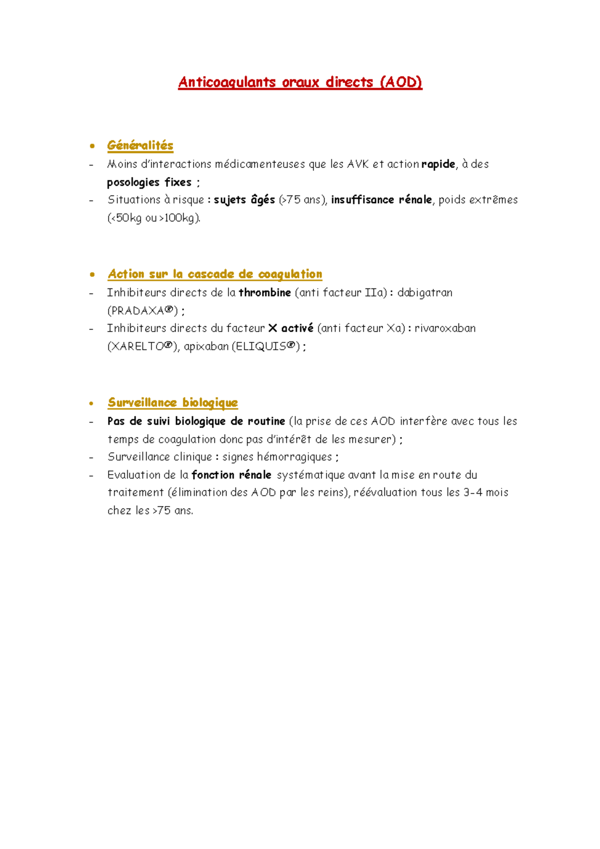 Fiche AOD - Résumé pharmacologie - Anticoagulants oraux directs (AOD ...