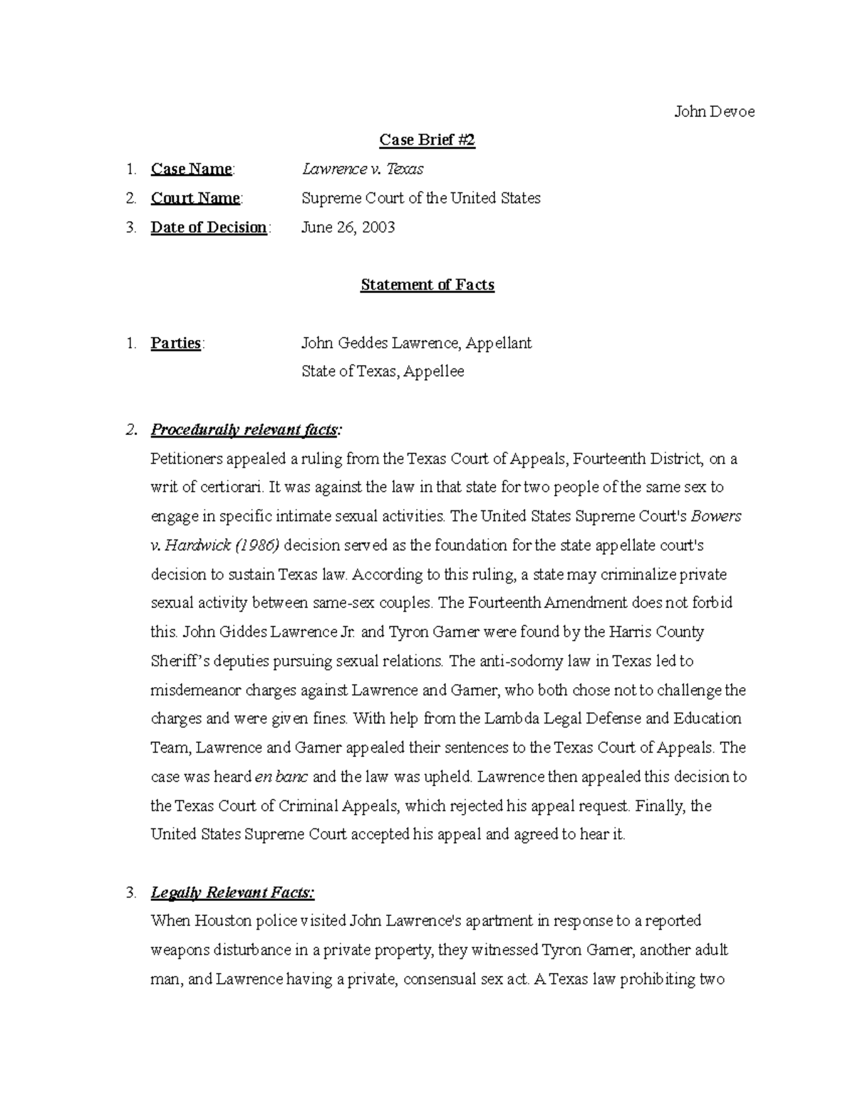 Lawrence vs . Texas Case Brief Outline - John Devoe Case Brief # Case ...