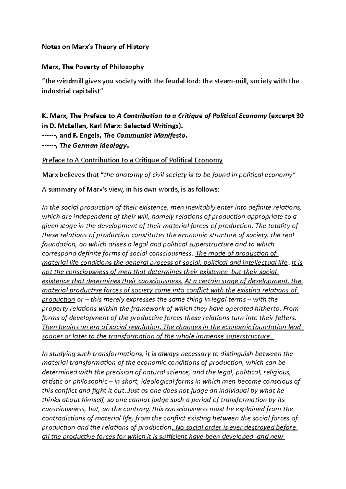 Marx Theory of History Notes - Notes on Marx’s Theory of History Marx ...