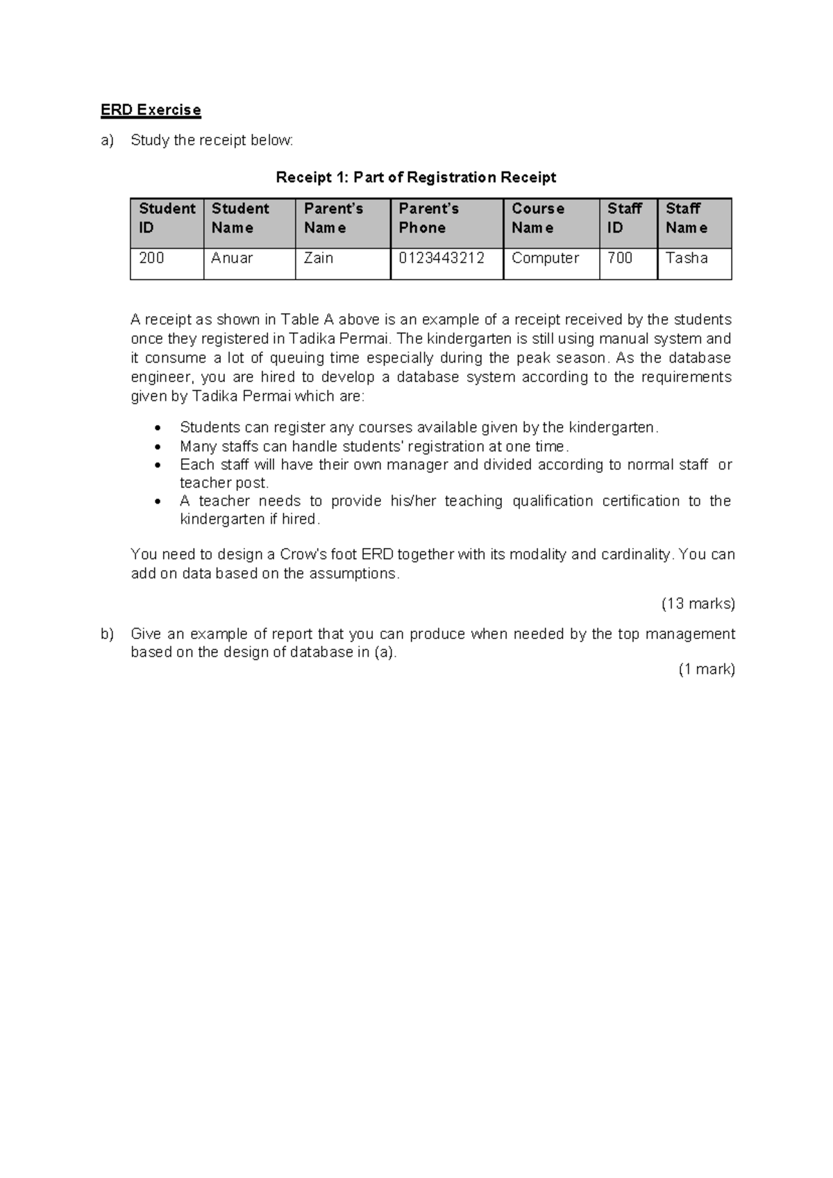 ERD Exercise - ERD Exercise a) Study the receipt below: Receipt 1: Part of Registration Receipt ...