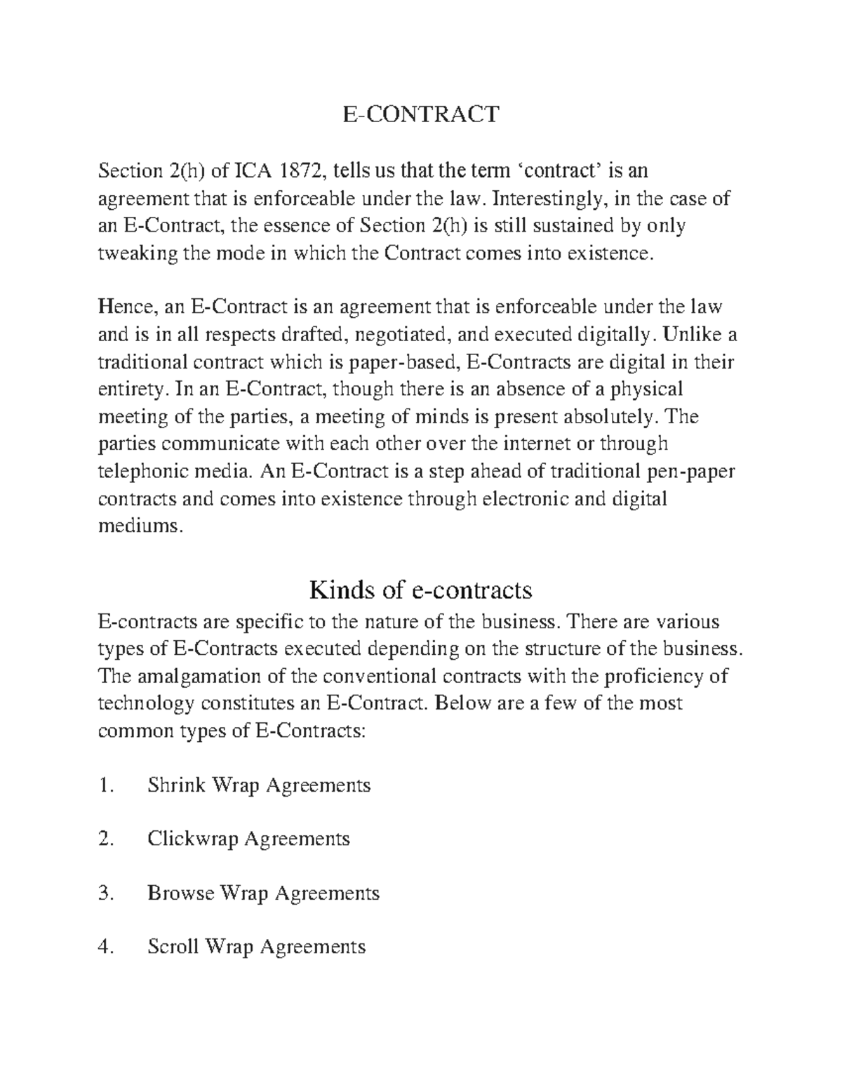 An E-contract (1) - Aryan Raghav - E-CONTRACT Section 2(h) of ICA 1872 ...