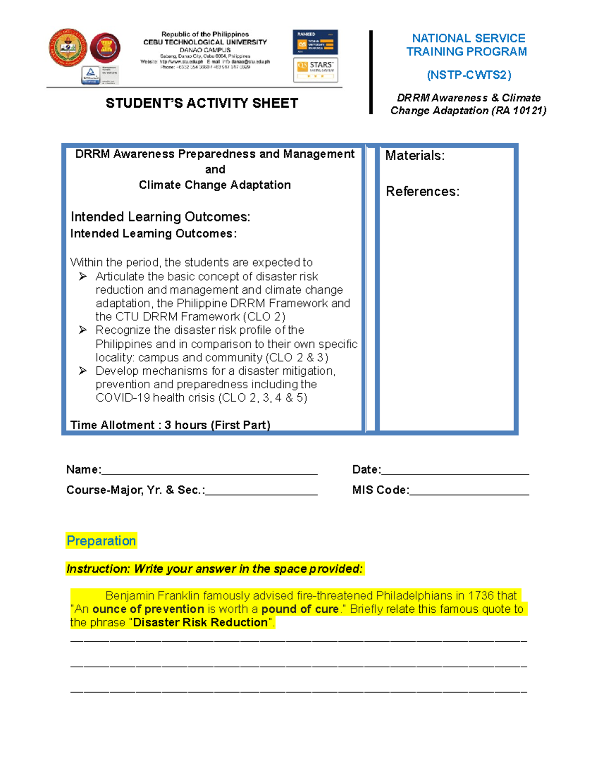 05 DRRM-Awareness-Preparation-and-Management - STUDENT’S ACTIVITY SHEET ...