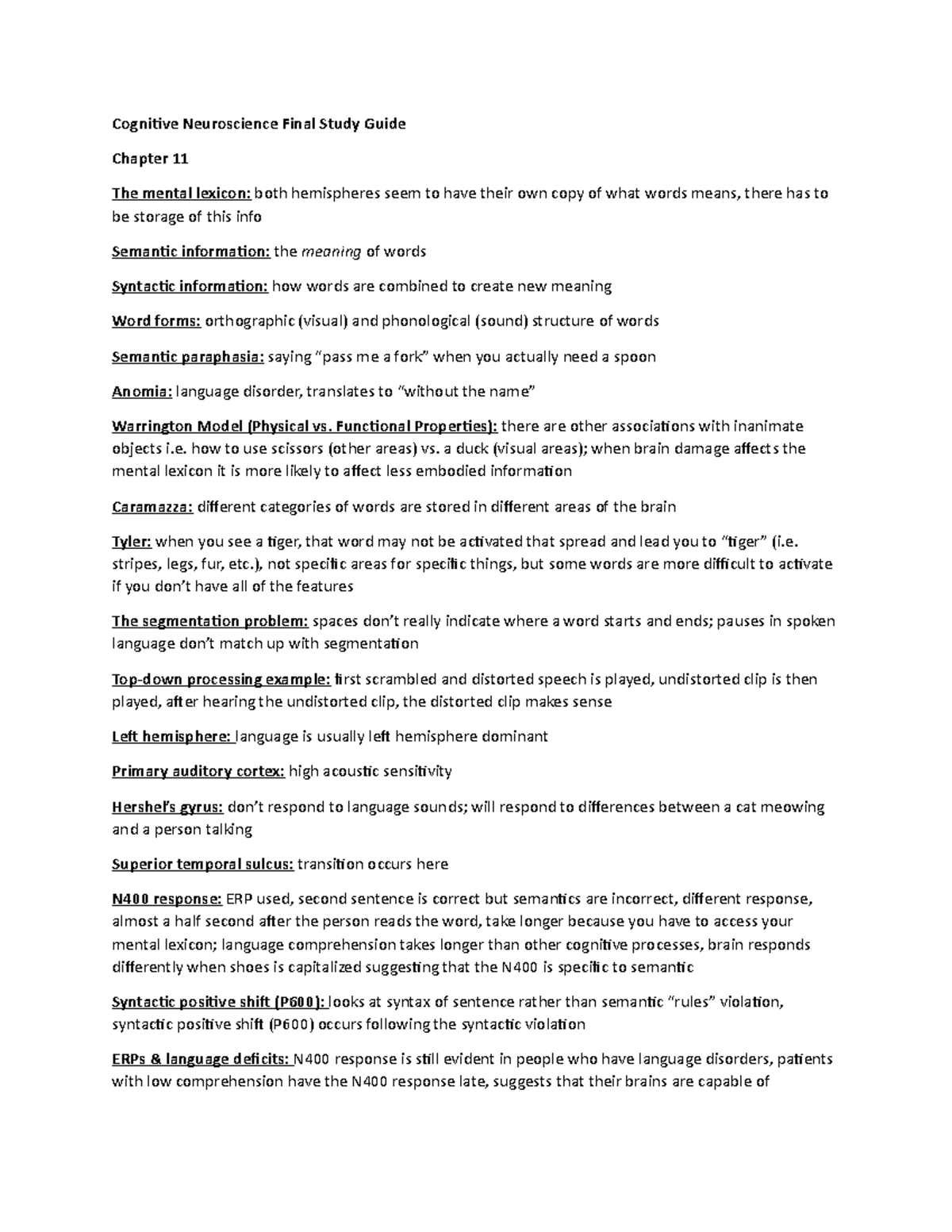 Cognitive Neuroscience Exam 4 Study Guide - Cognitive Neuroscience ...