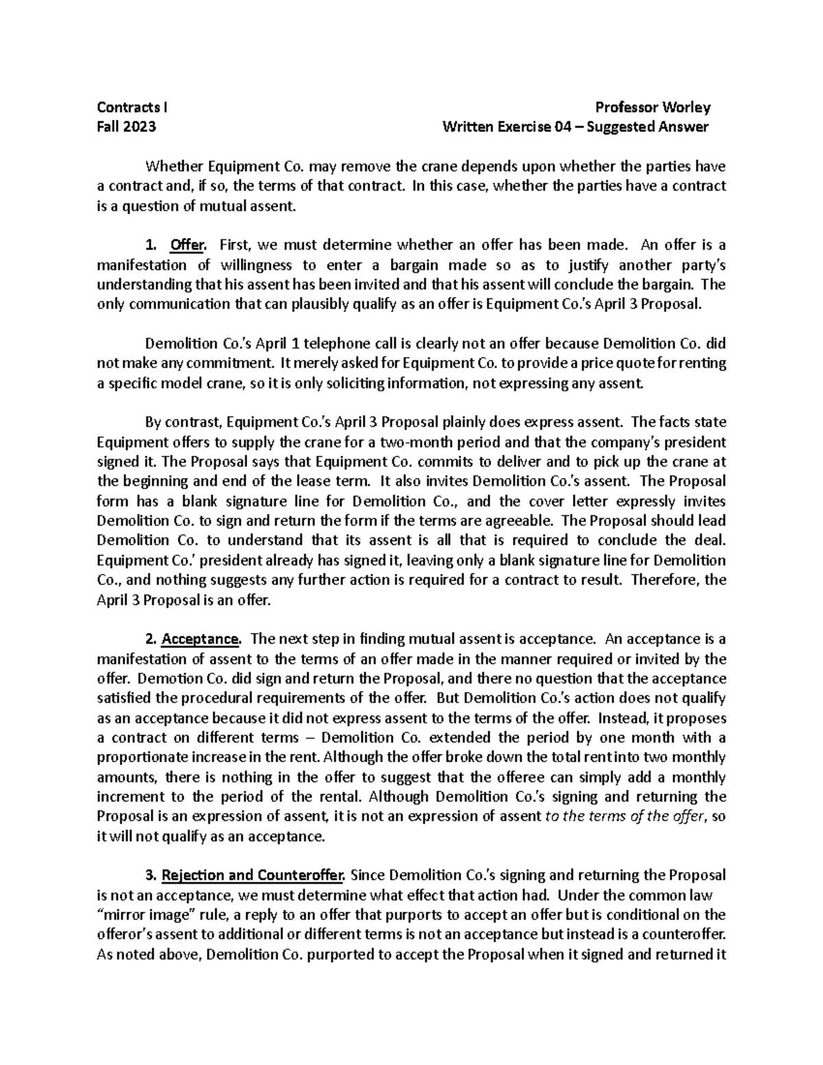Written Exercise 04 - Answer - Contracts I Professor Worley Fall 2023 ...