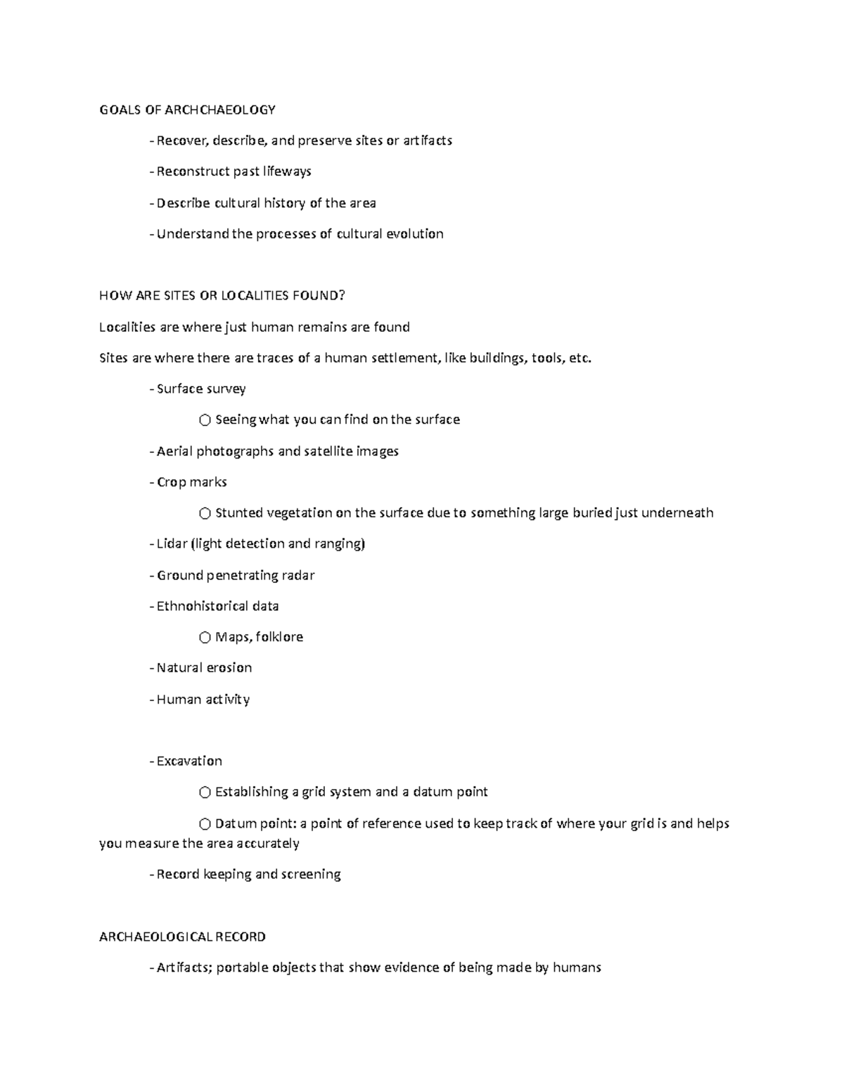 Anthro 101 archaeology lecture notes - GOALS OF ARCHCHAEOLOGY Recover ...