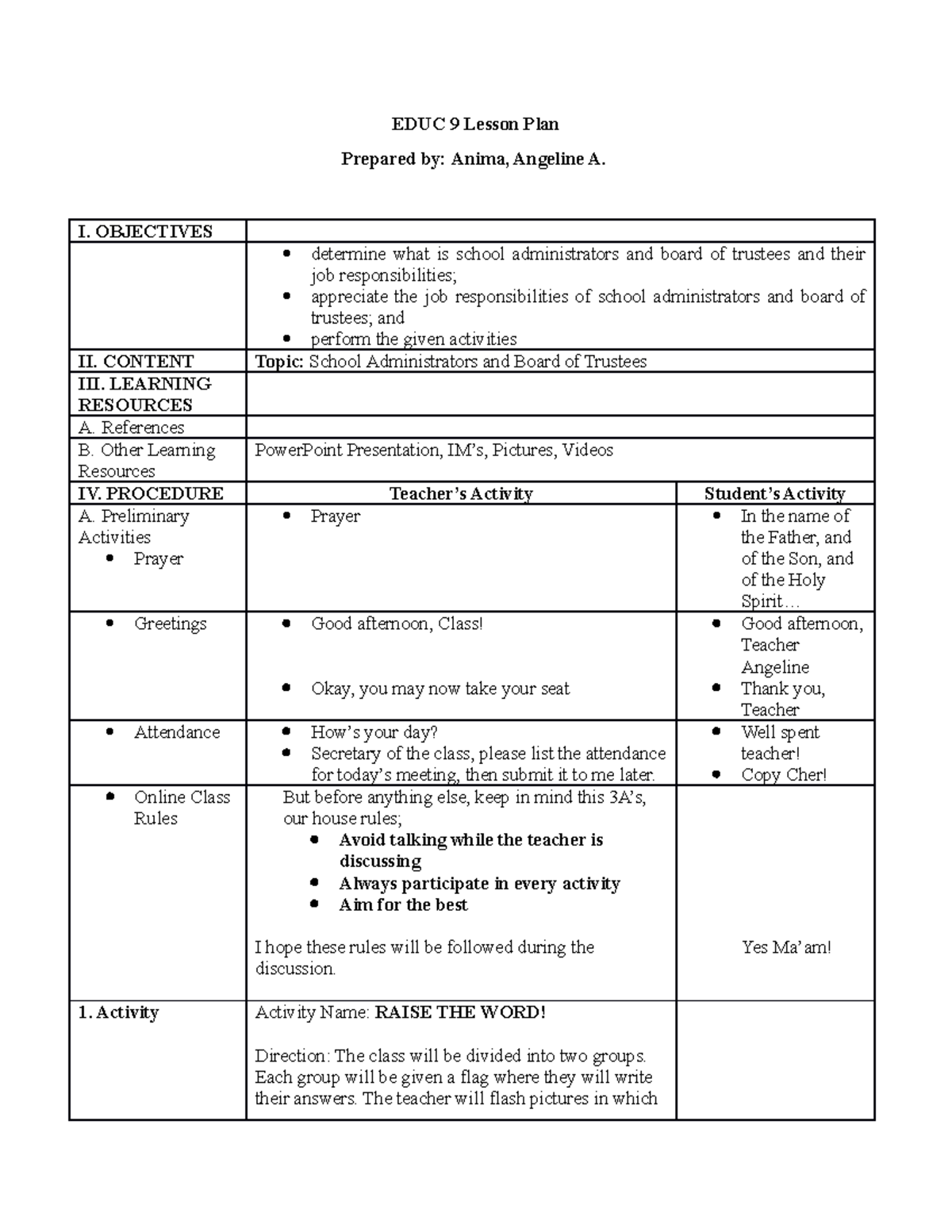 EDUC9(Anima) - N/A - EDUC 9 Lesson Plan Prepared by: Anima, Angeline A ...