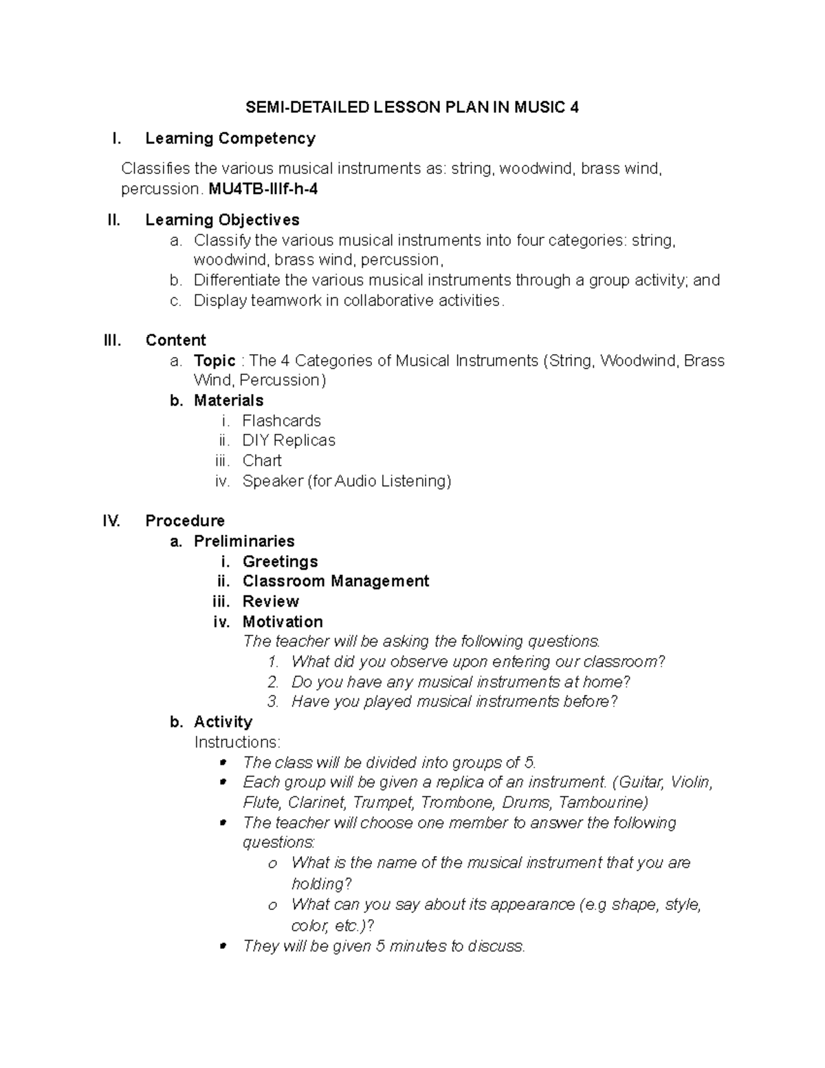 Edmus LP - lesson planning in music 4 - SEMI-DETAILED LESSON PLAN IN ...