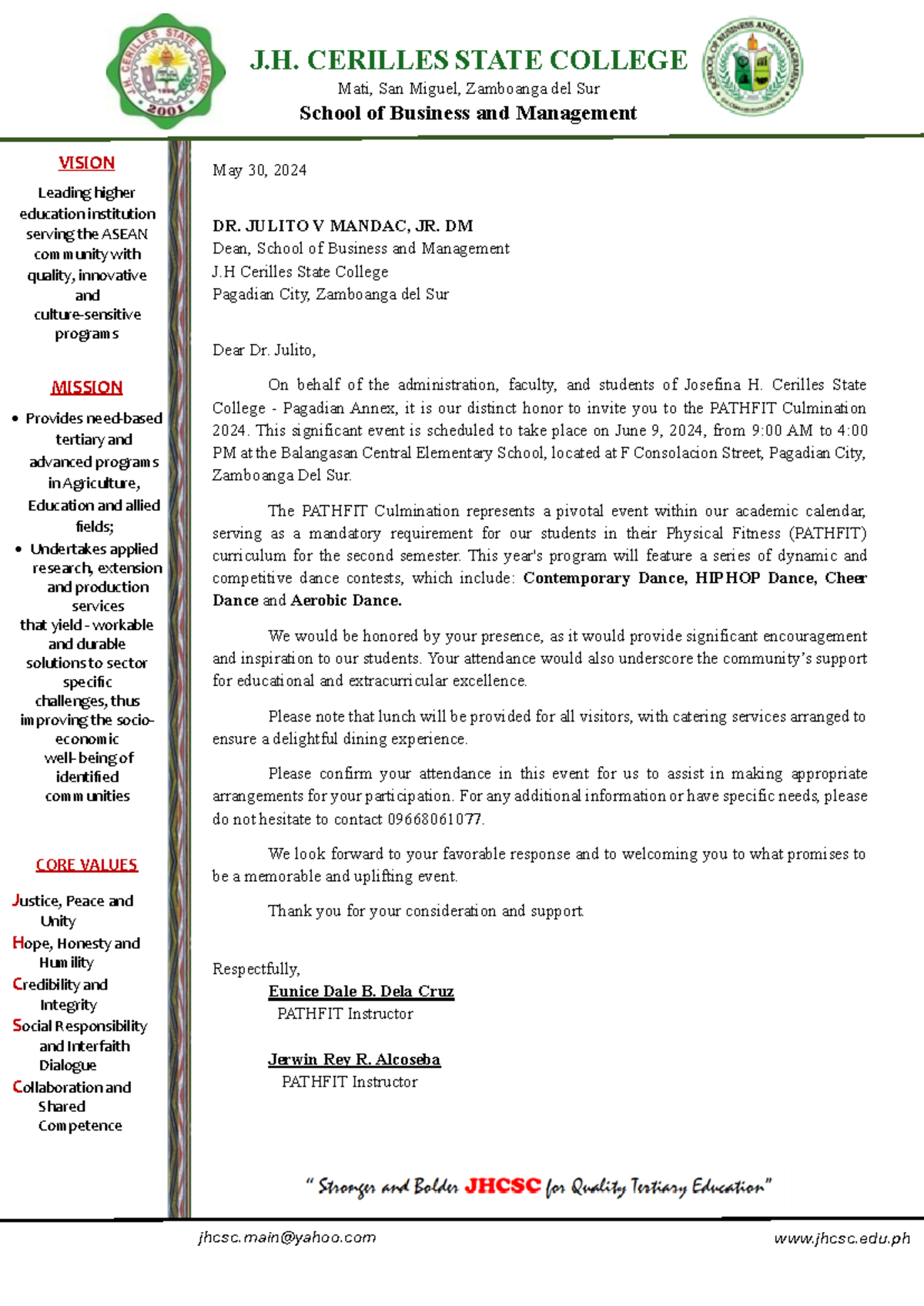 Pathfit Culmination - Letter OF Invitation - VISION Leading higher ...