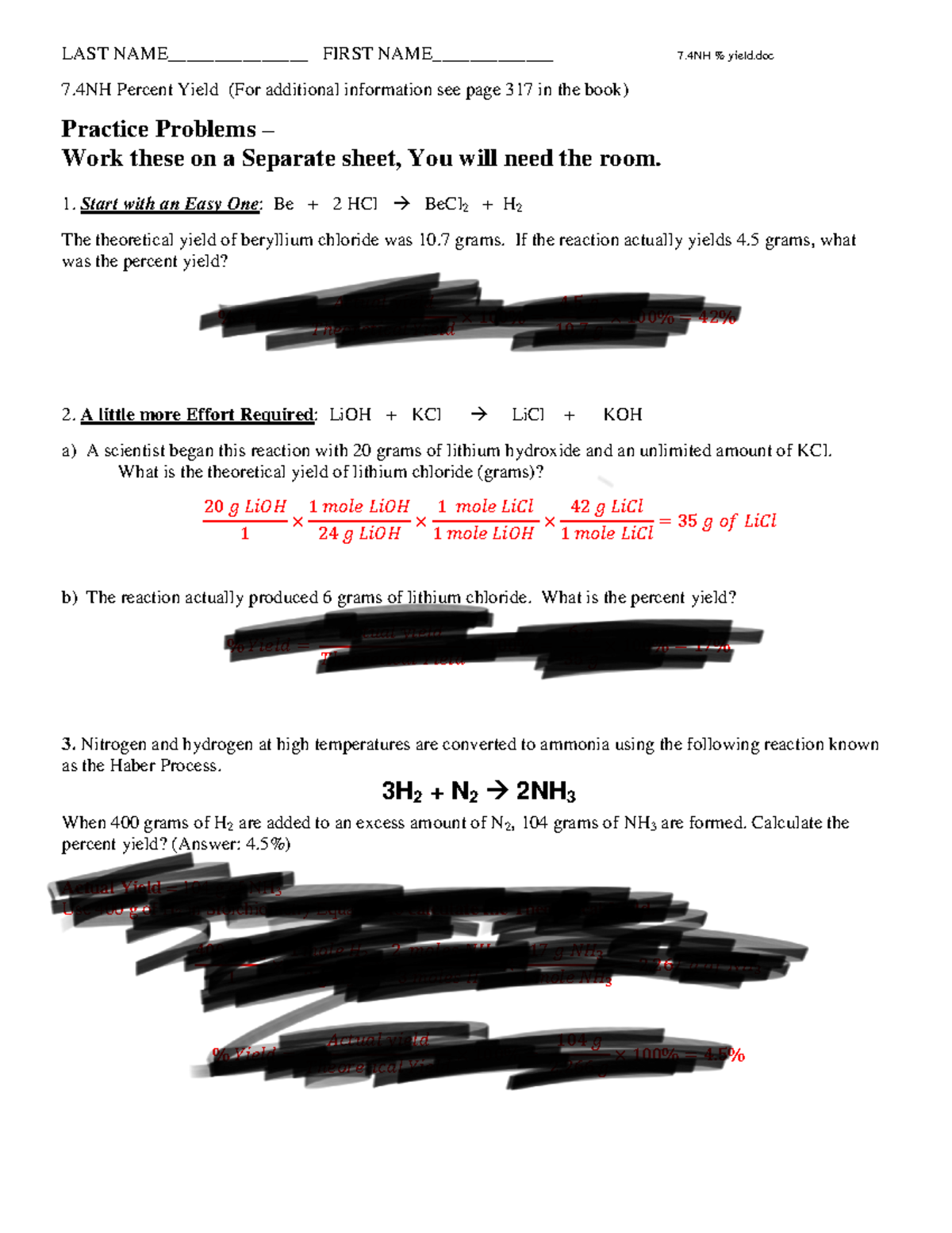 7.4NH Percent Yield Sol - LAST NAME_______________ FIRST NAME ...