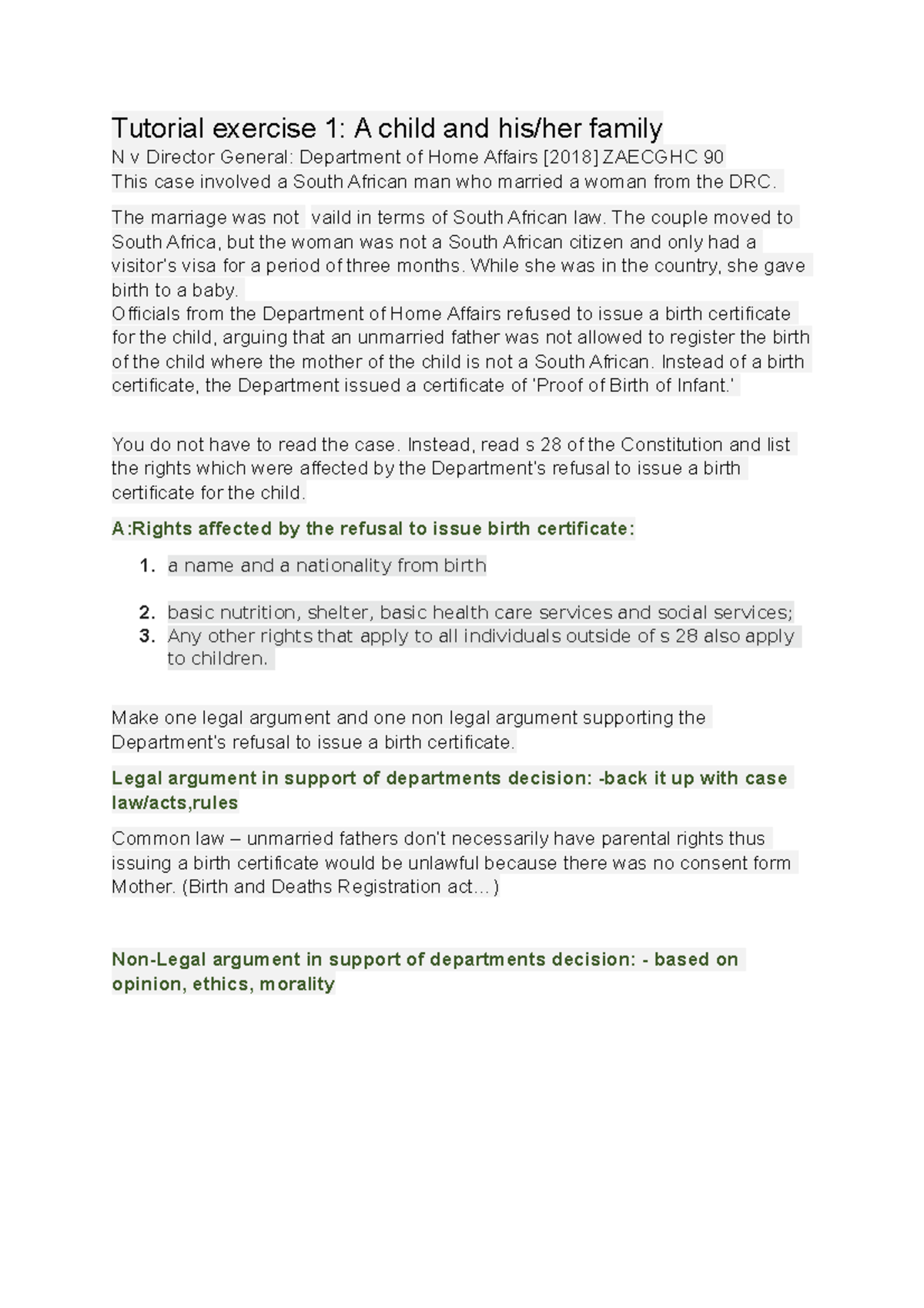 Tutorial exercise 1- Family Law - Tutorial exercise 1: A child and his ...