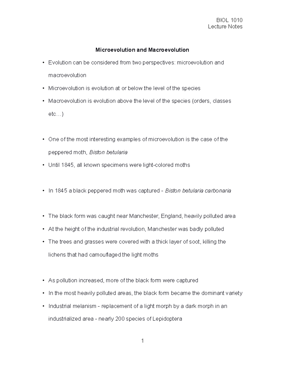 2021 Biol1010 Evol And Diversity Lecture Notes Microevolution And Macroevolution Lecture