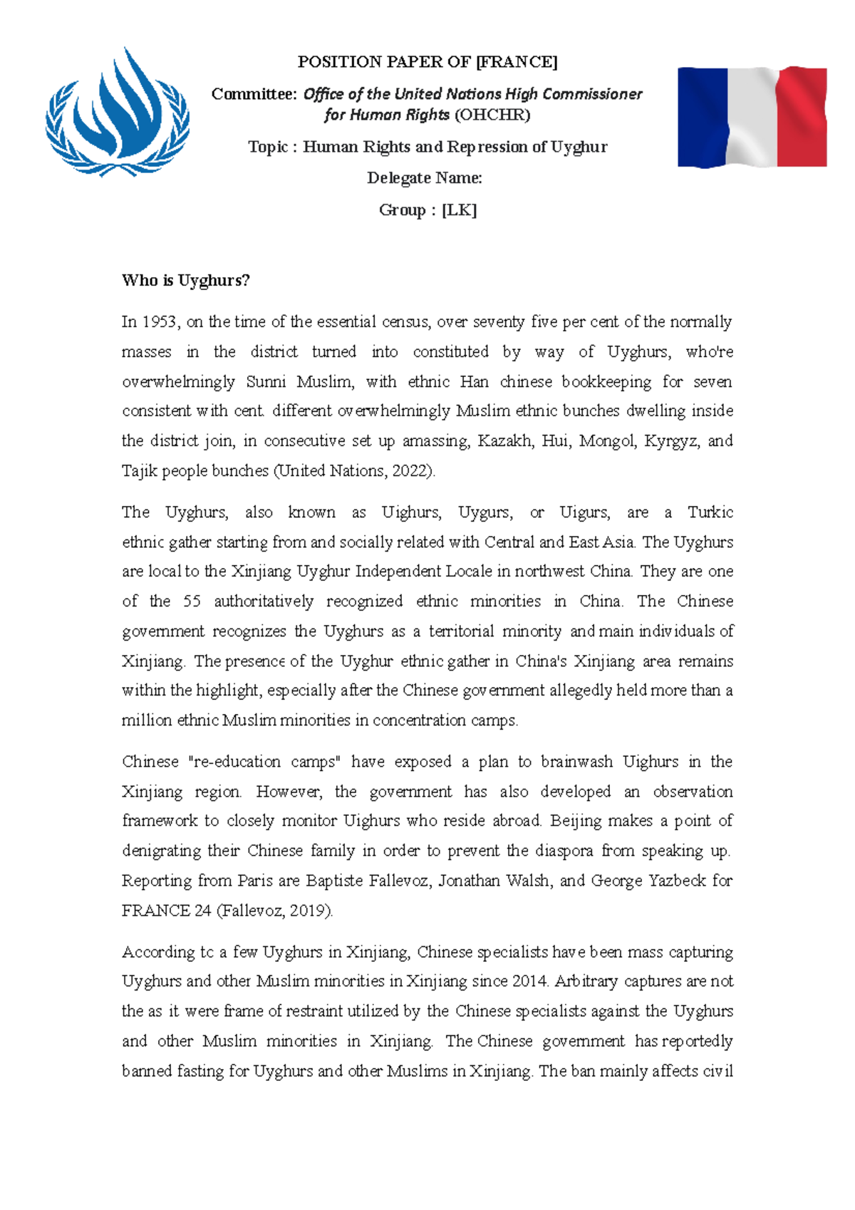 Postpap France LK - POSITION PAPER OF [FRANCE] Committee: Office of the ...