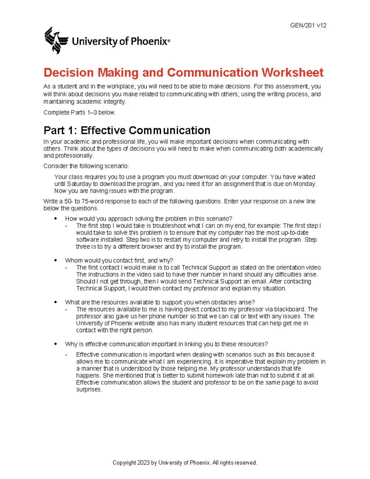 GEN 201 Week 3 Summative Assessment - GEN/201 v Decision Making and ...