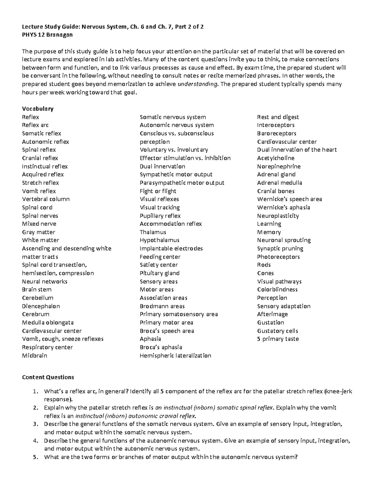 Lecture Study Guide Nervous Part 2 of 2 PHYS 12 Spring 2019-1 - Lecture ...