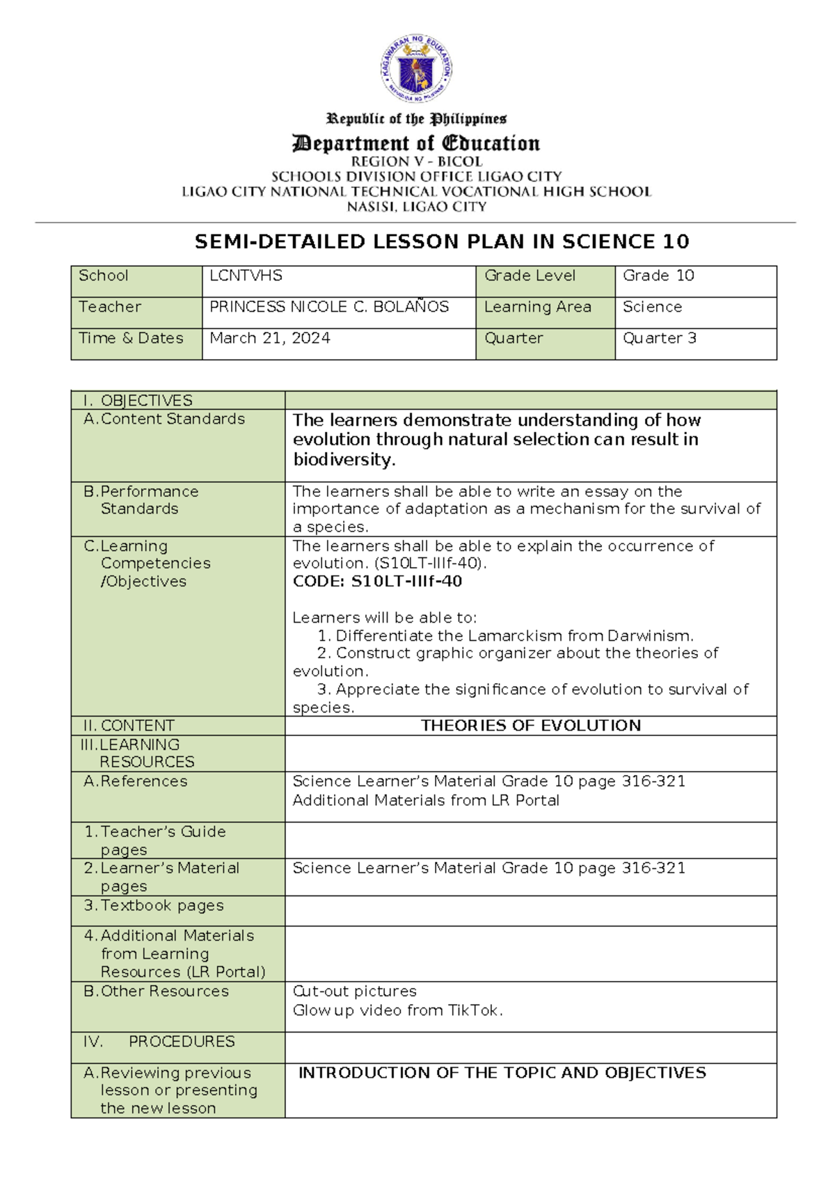 Lesson Plan on Theories of Evolution - SEMI-DETAILED LESSON PLAN IN ...