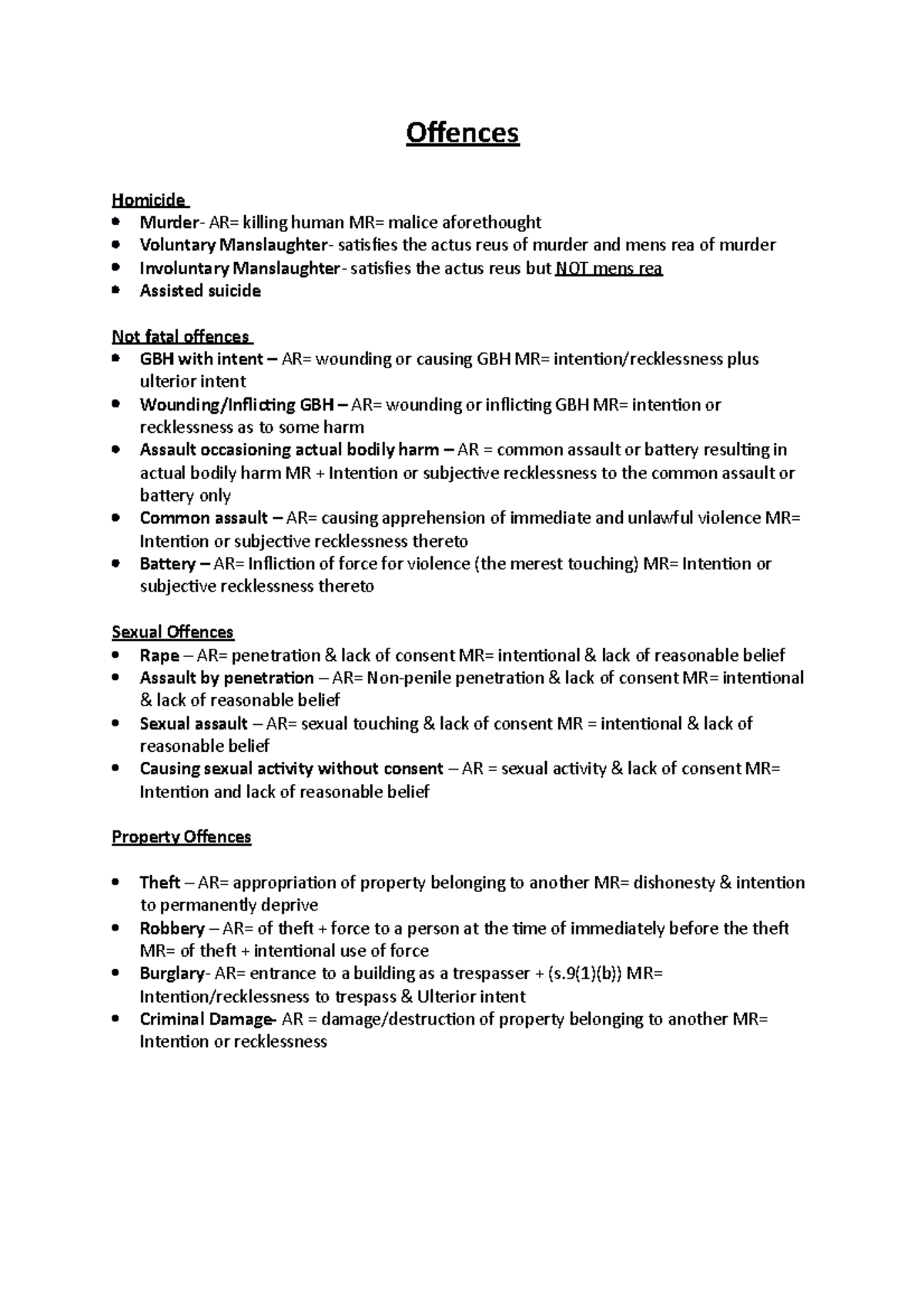 Revison sheets - Offences Homicide Murder - AR= killing human MR ...