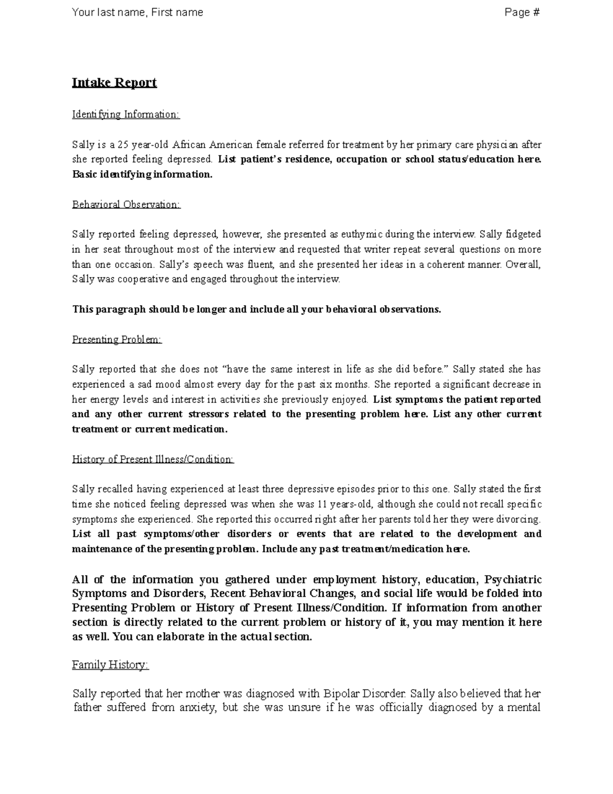 Intake Report Outline - Your last name, First name Page # Intake Report ...