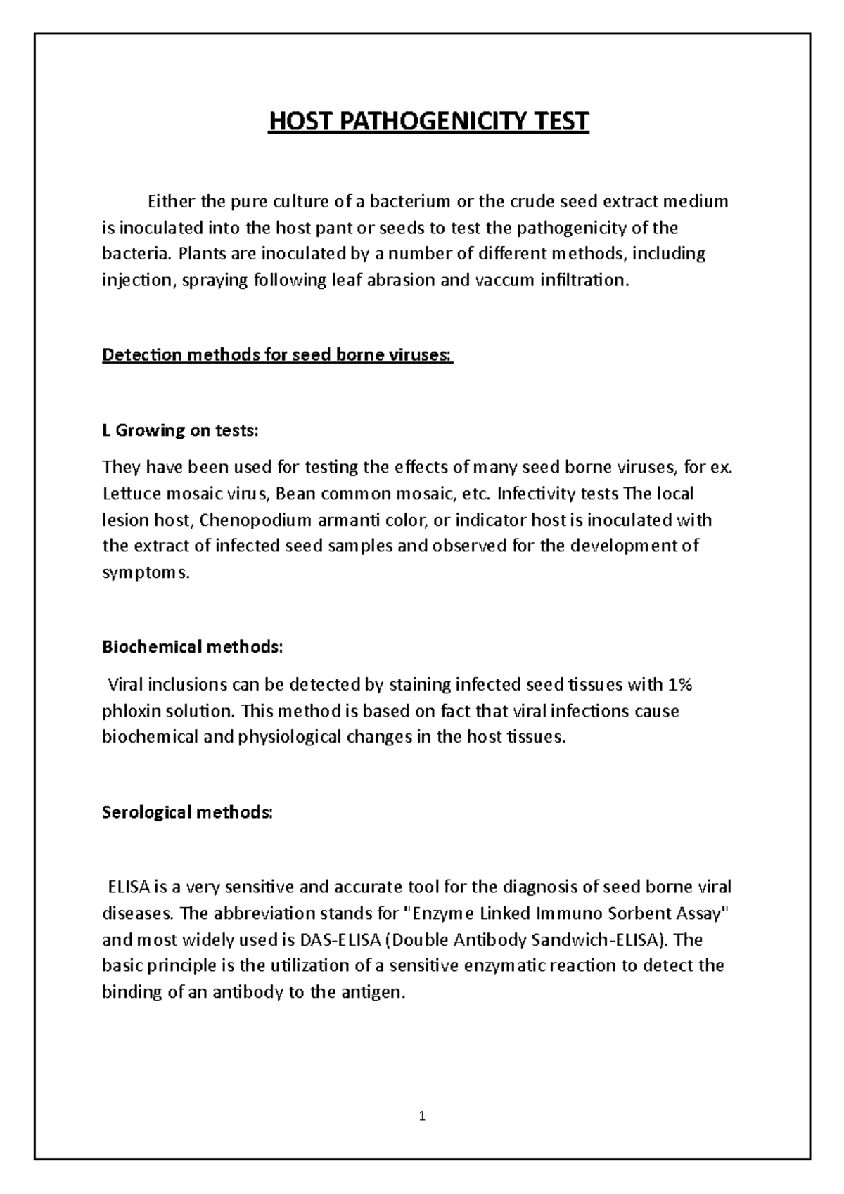 HOST Pathogenicity TEST - HOST PATHOGENICITY TEST Either the pure ...
