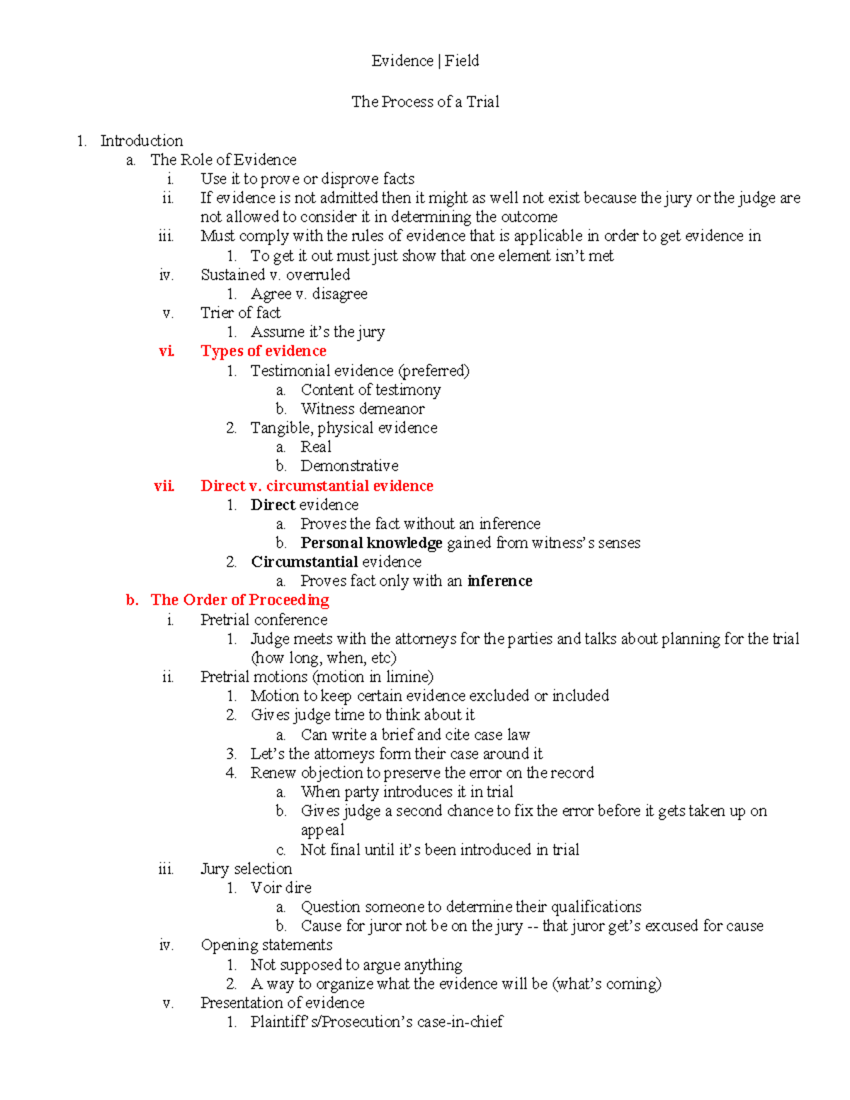 Field Evidence Outline - Evidence | Field The Process of a Trial ...