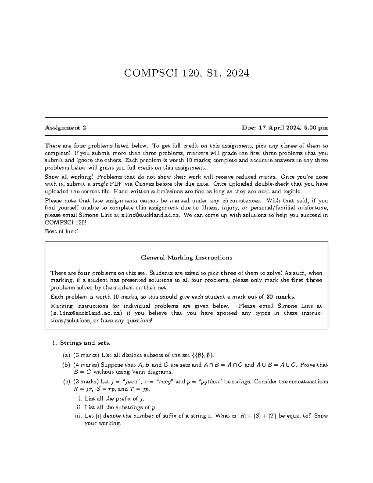 Assignment 2 - COMPSCI 120, S1, 2024 Assignment 2 Due: 17 April 2024, 5 pm There are four ...