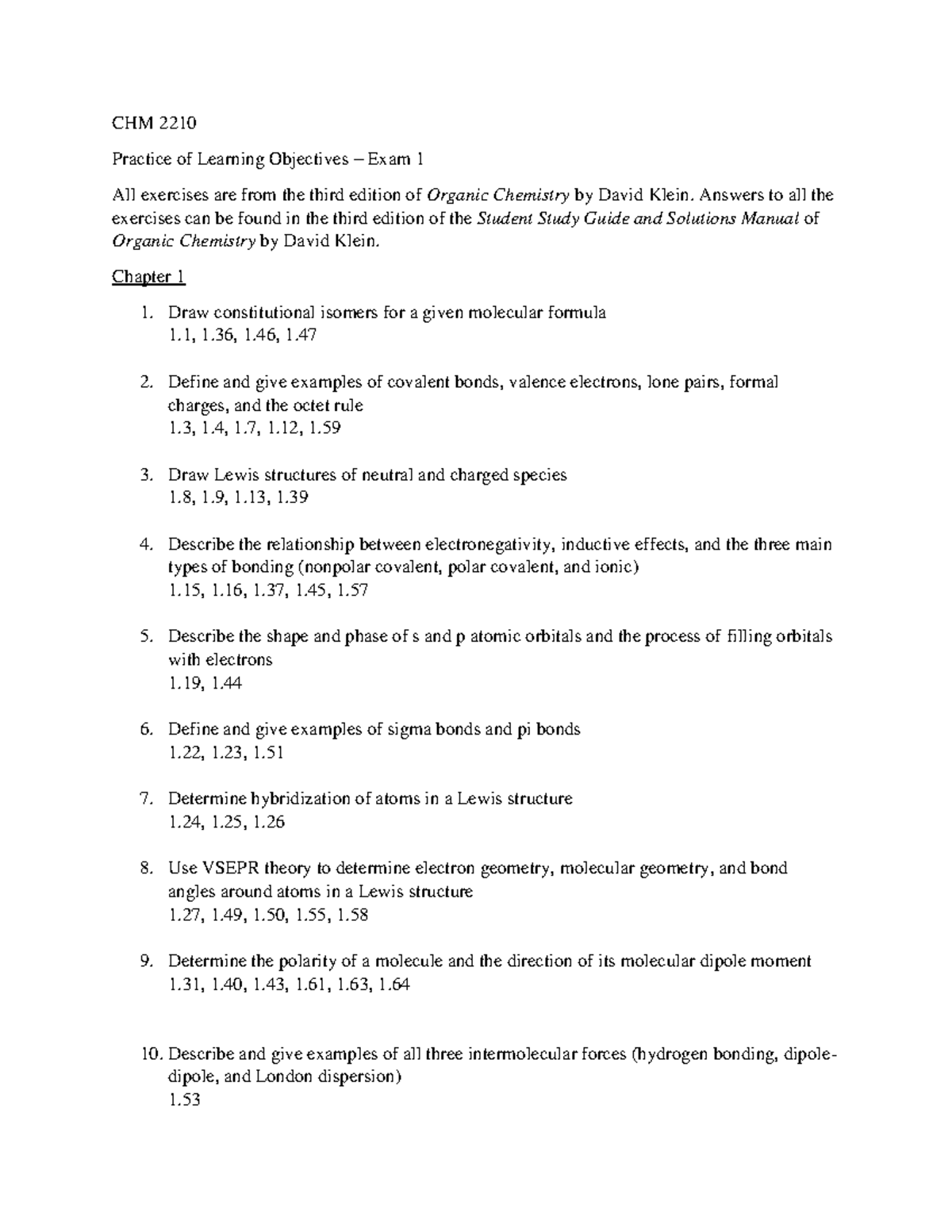 Learning Objectives Practice Exam 1 - CHM 2210 Practice of Learning ...