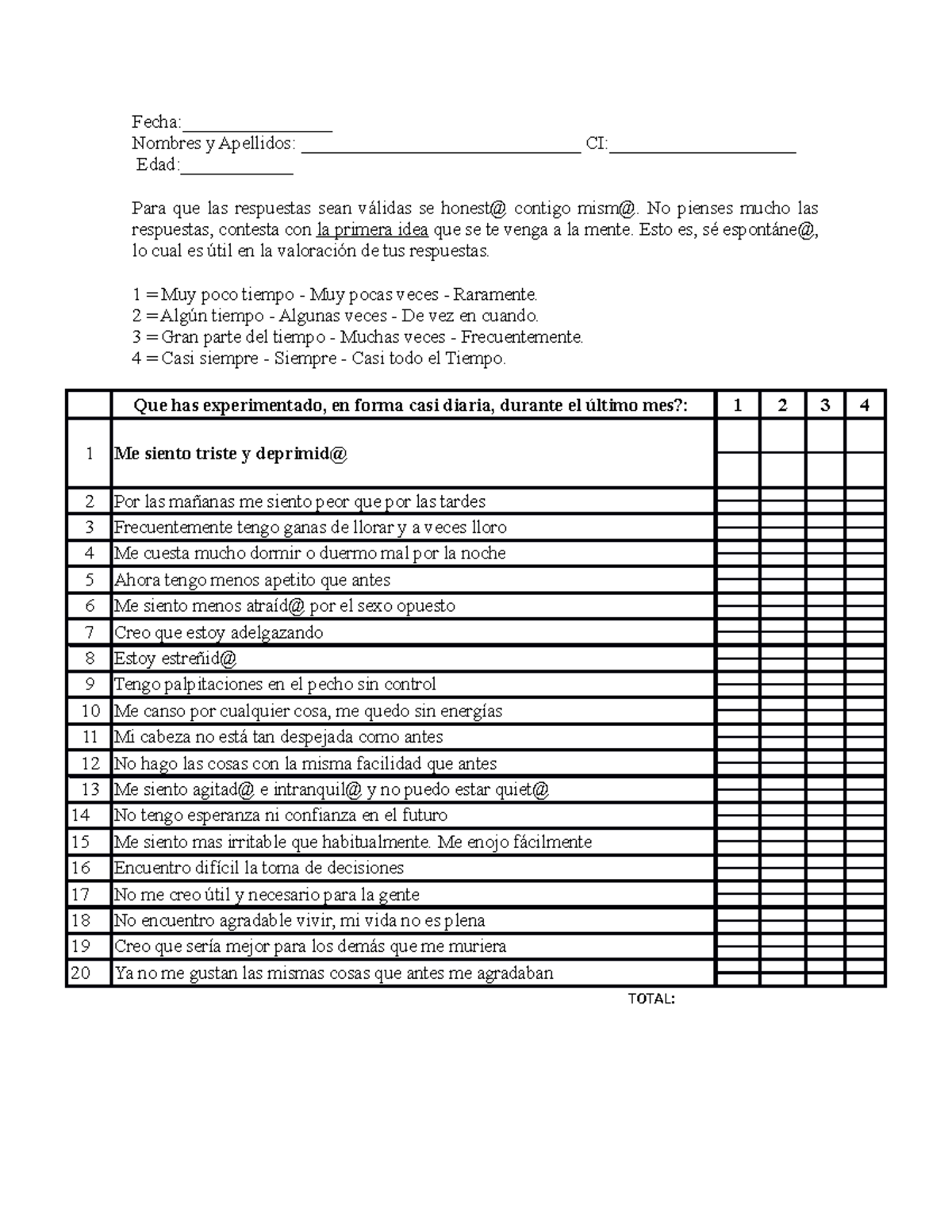 Escala Depresion ZUNG - Evaluación de depresión en adultos - Fecha ...