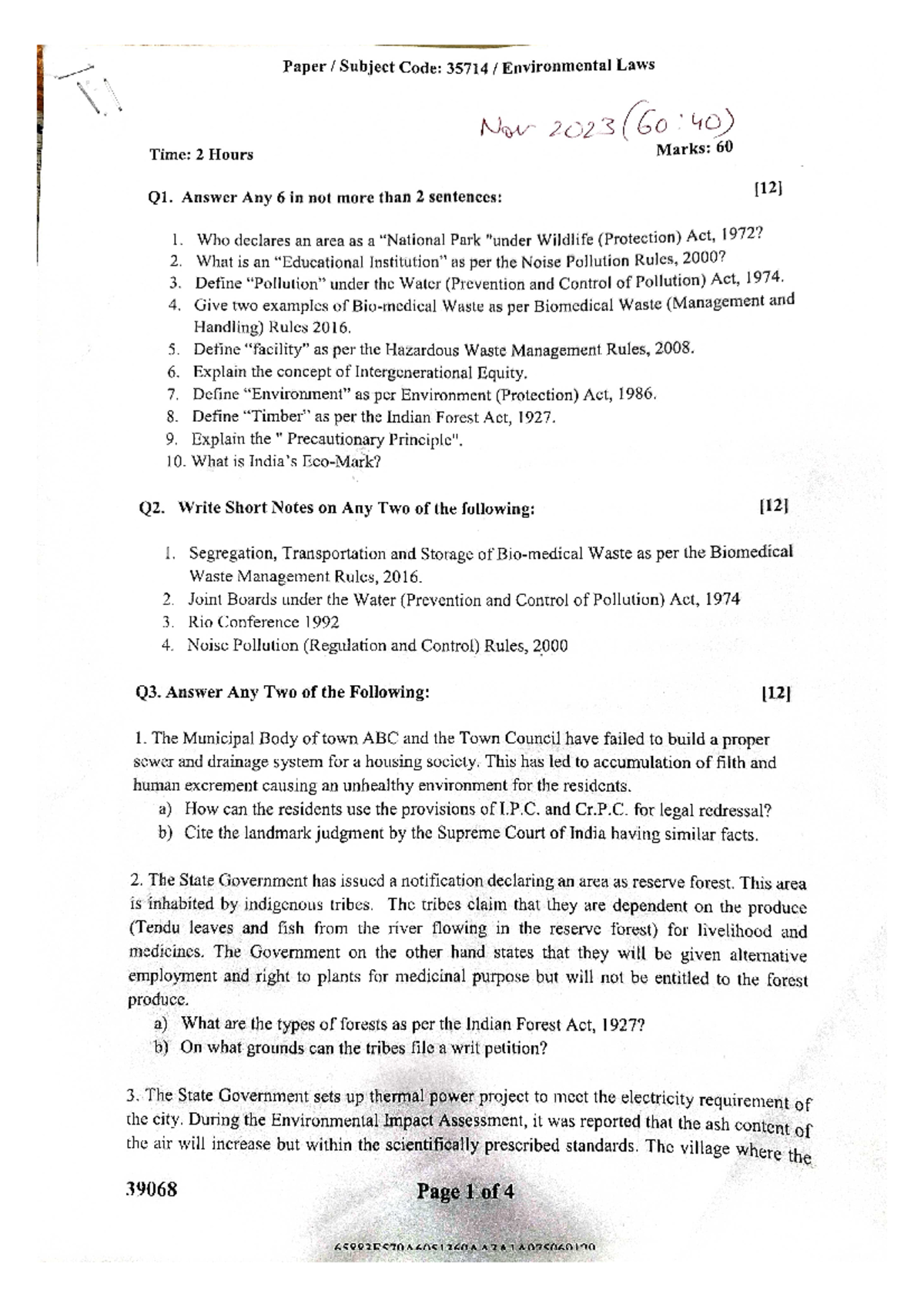 Environmental law question papers - Bachelors of Law - 3 years - Studocu