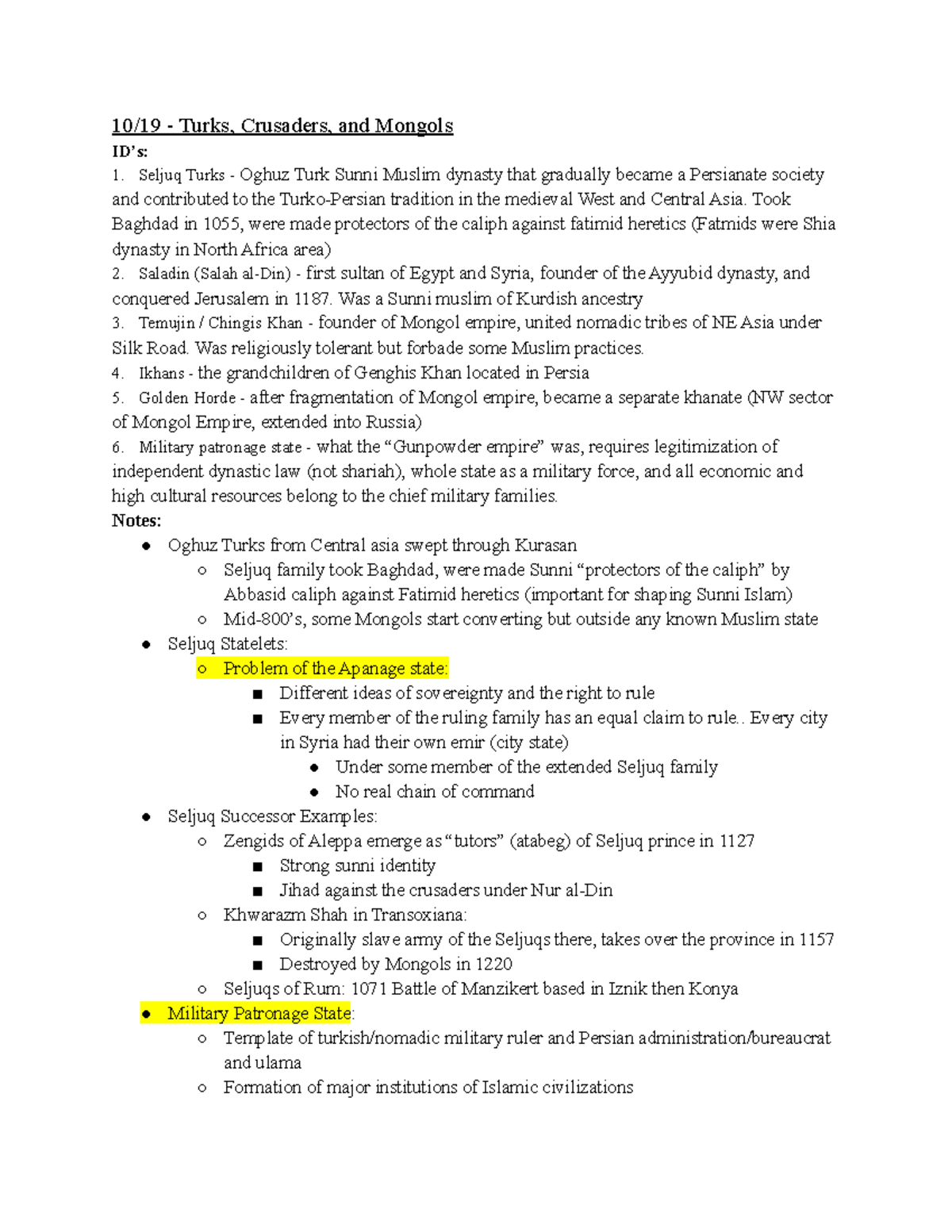 Islamic World Compiled Study Guide - 10/19 - Turks, Crusaders, and ...