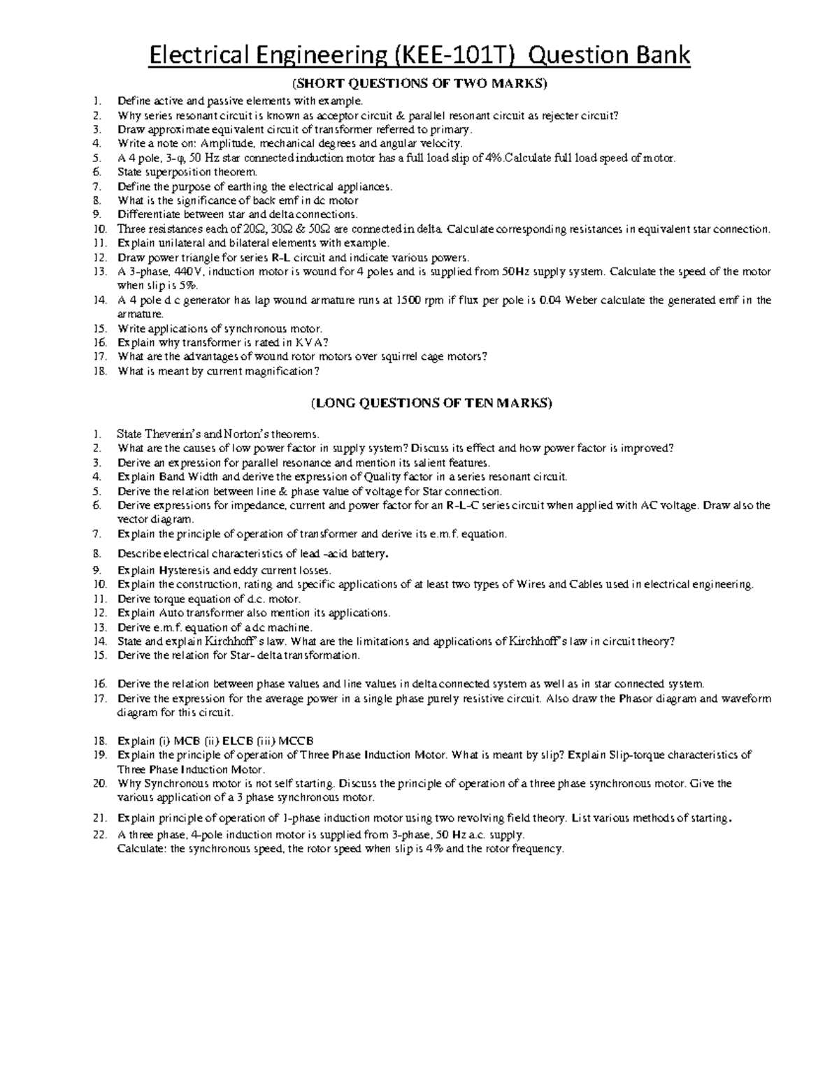 EE question bank updated - Electrical Engineering (KEE-101T) Question ...